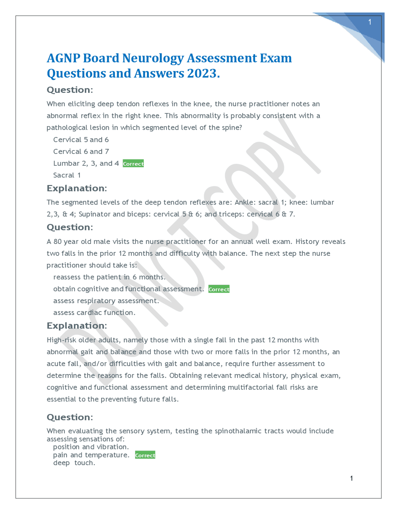 AGNP Board Neurology Assessment Exam Questions and Answers 2023 ...