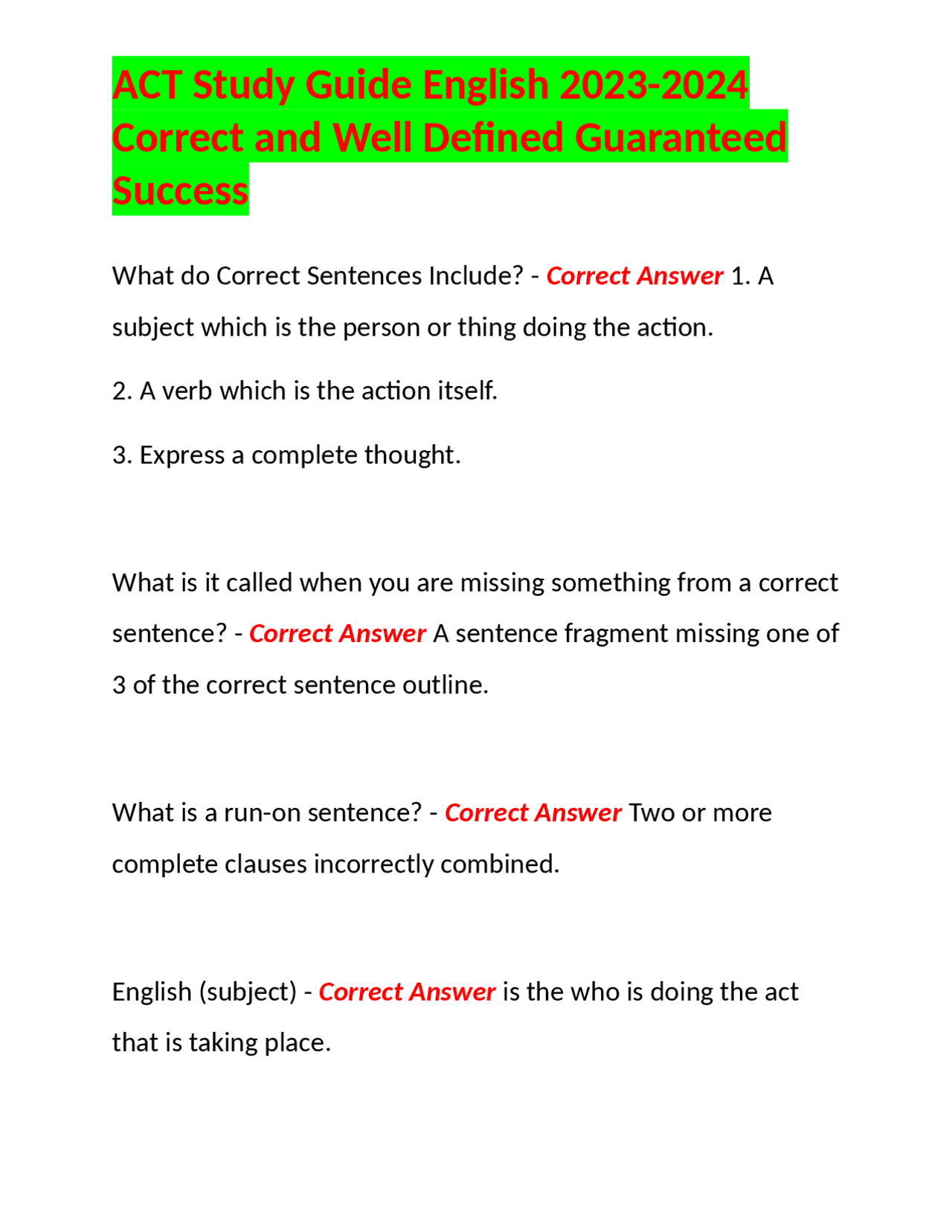 ACT Study Guide English 2023-2024 Correct and Well Defined Guaranteed ...