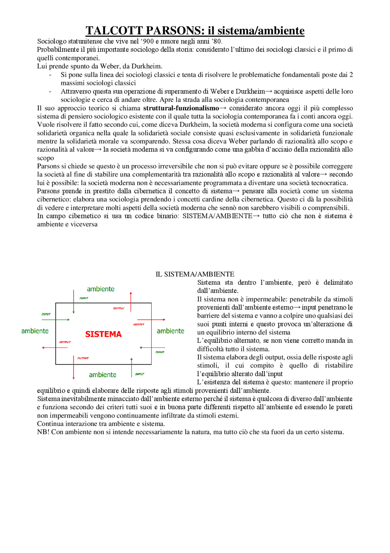 Talcott Parsons Il Sistema Ambiente Appunti Di Sociologia Docsity