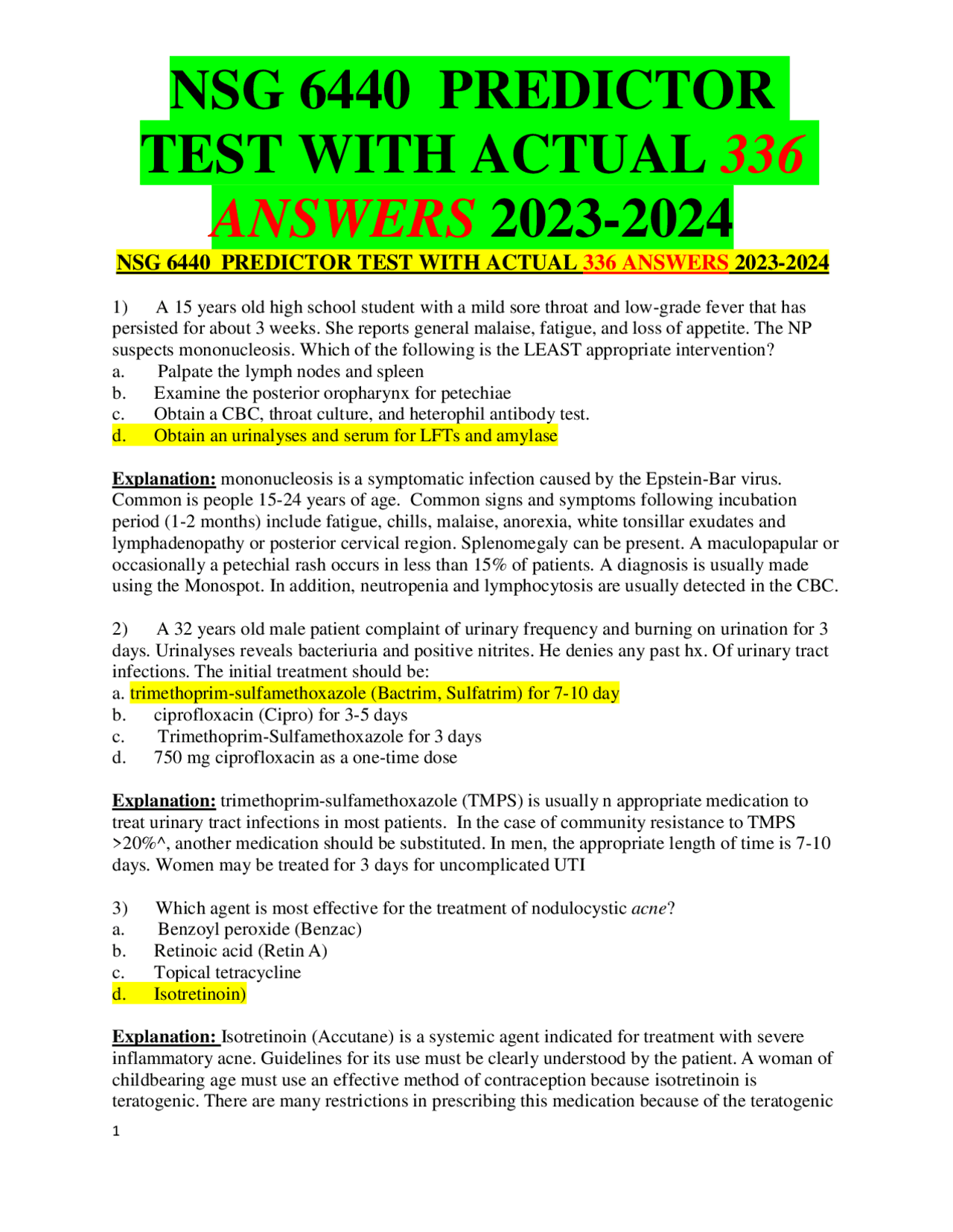 NSG 6440 PREDICTOR TEST WITH ACTUAL 336 ANSWERS 2023-2024 100% CORRECT ...