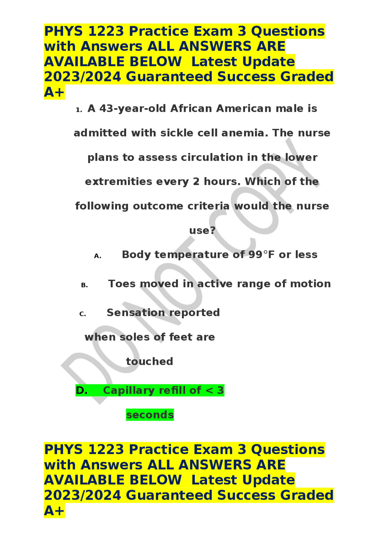 PHYS 1223 Practice Exam 3 Questions with Answers ALL ANSWERS ARE ...