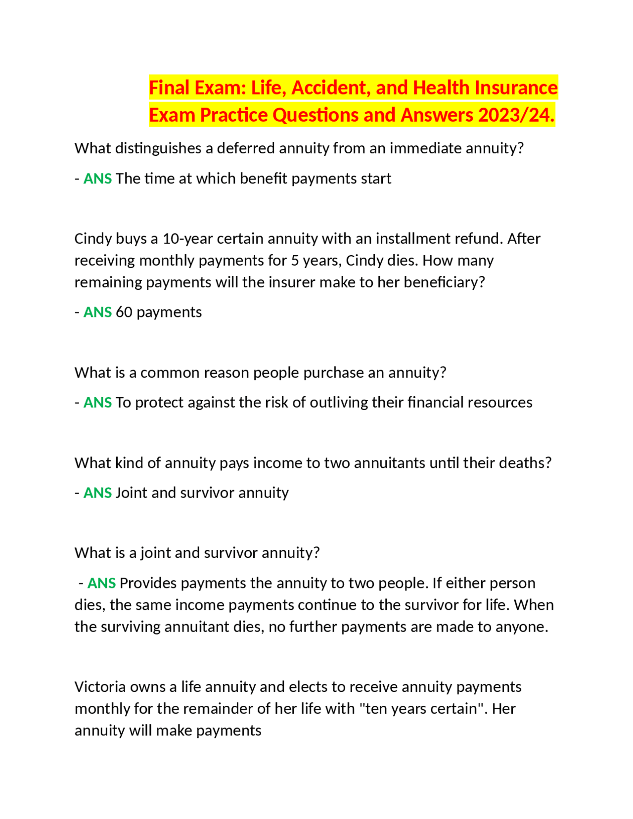 Final Exam: Life, Accident, and Health Insurance Exam Practice ...