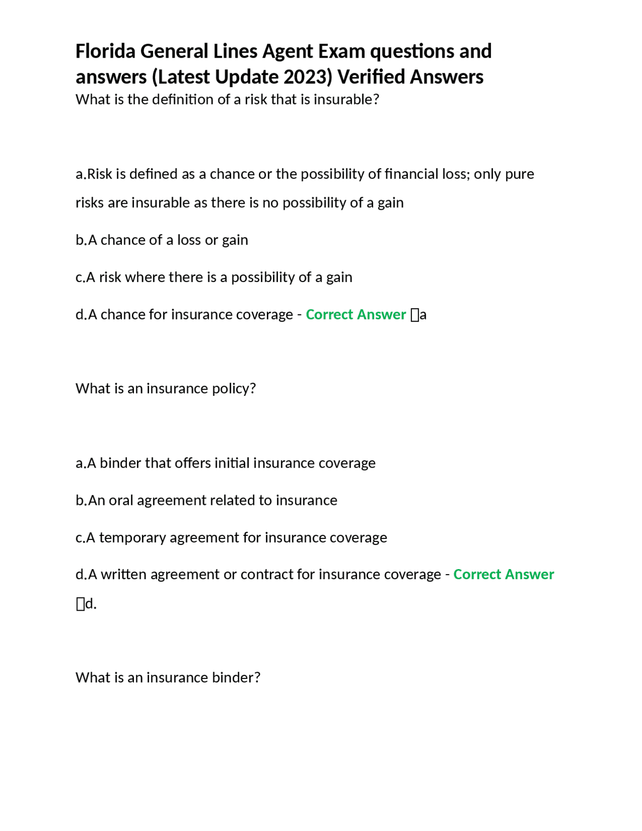Florida General Lines Agent Exam questions and answers (Latest Update ...