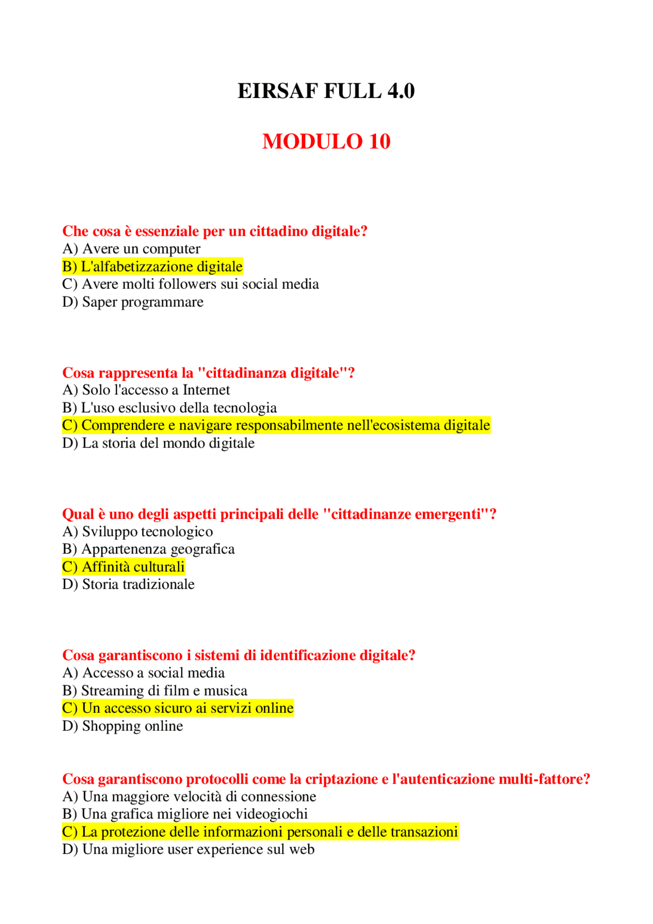 EIRSAF FULL 4.0 2023 NUOVA VERSIONE - MODULO 10 | Panieri di Reti informatiche | Docsity