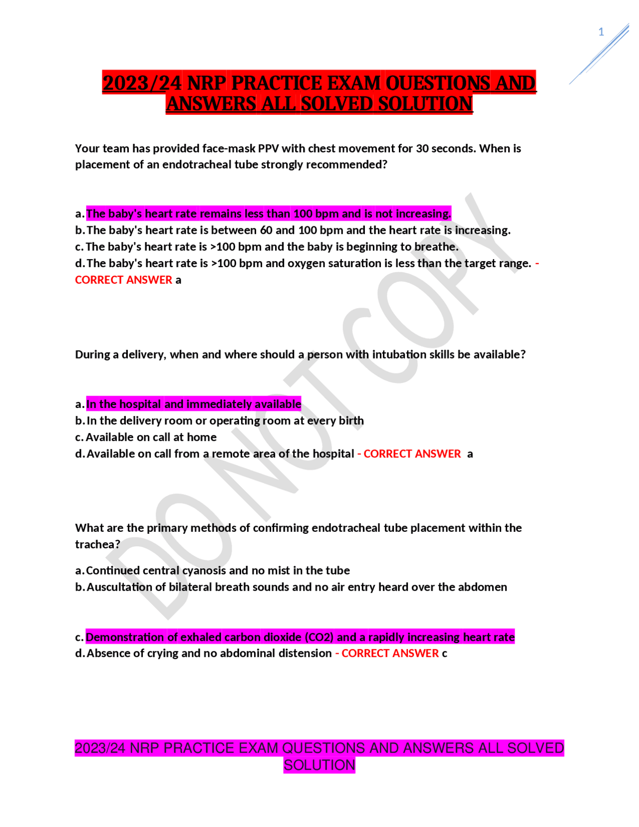 2023/24 NRP PRACTICE EXAM QUESTIONS AND ANSWERS ALL SOLVED SOLUTION | Exams Nursing | Docsity