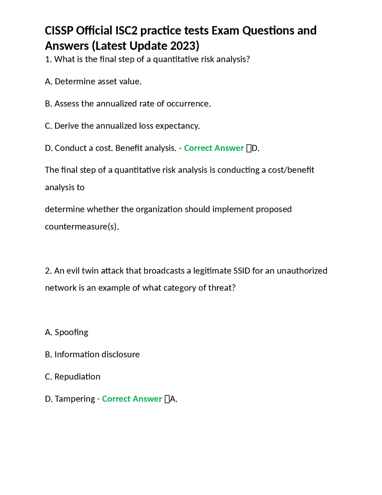 CISSP Official ISC2 practice tests Exam Questions and Answers (Latest ...
