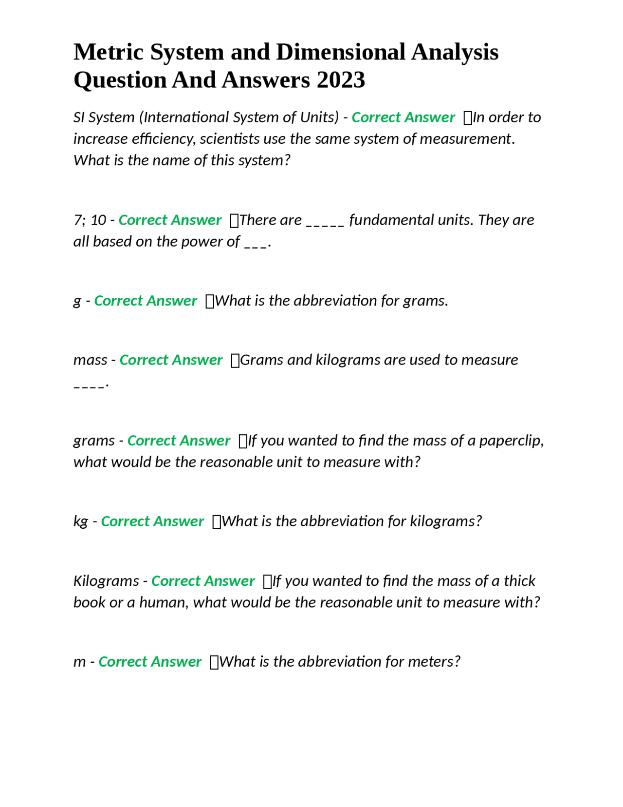 Metric System And Dimensional Analysis Question And Answers 2023