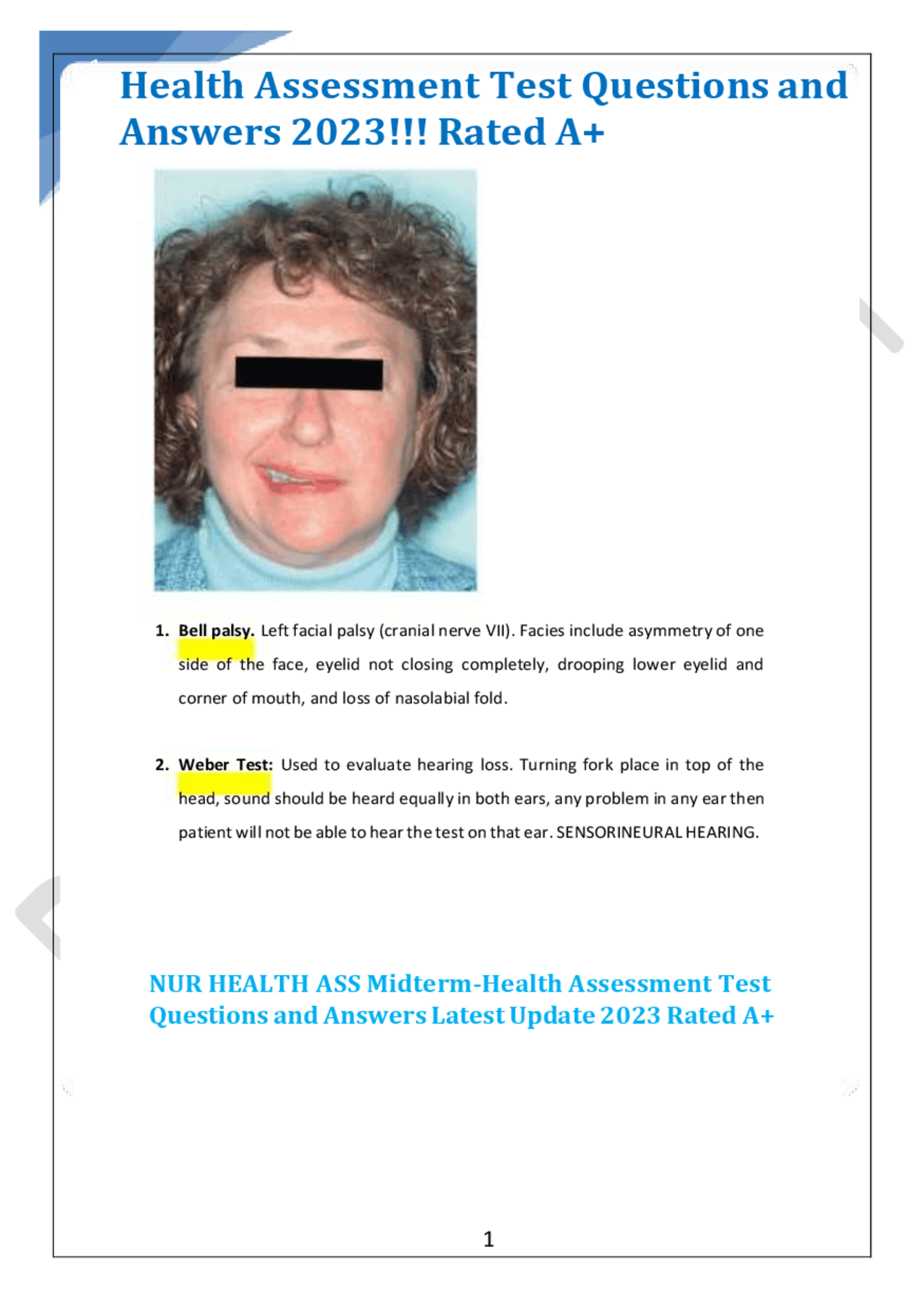 Health Assessment Test Questions and Answers 2023 | Exams Nursing | Docsity