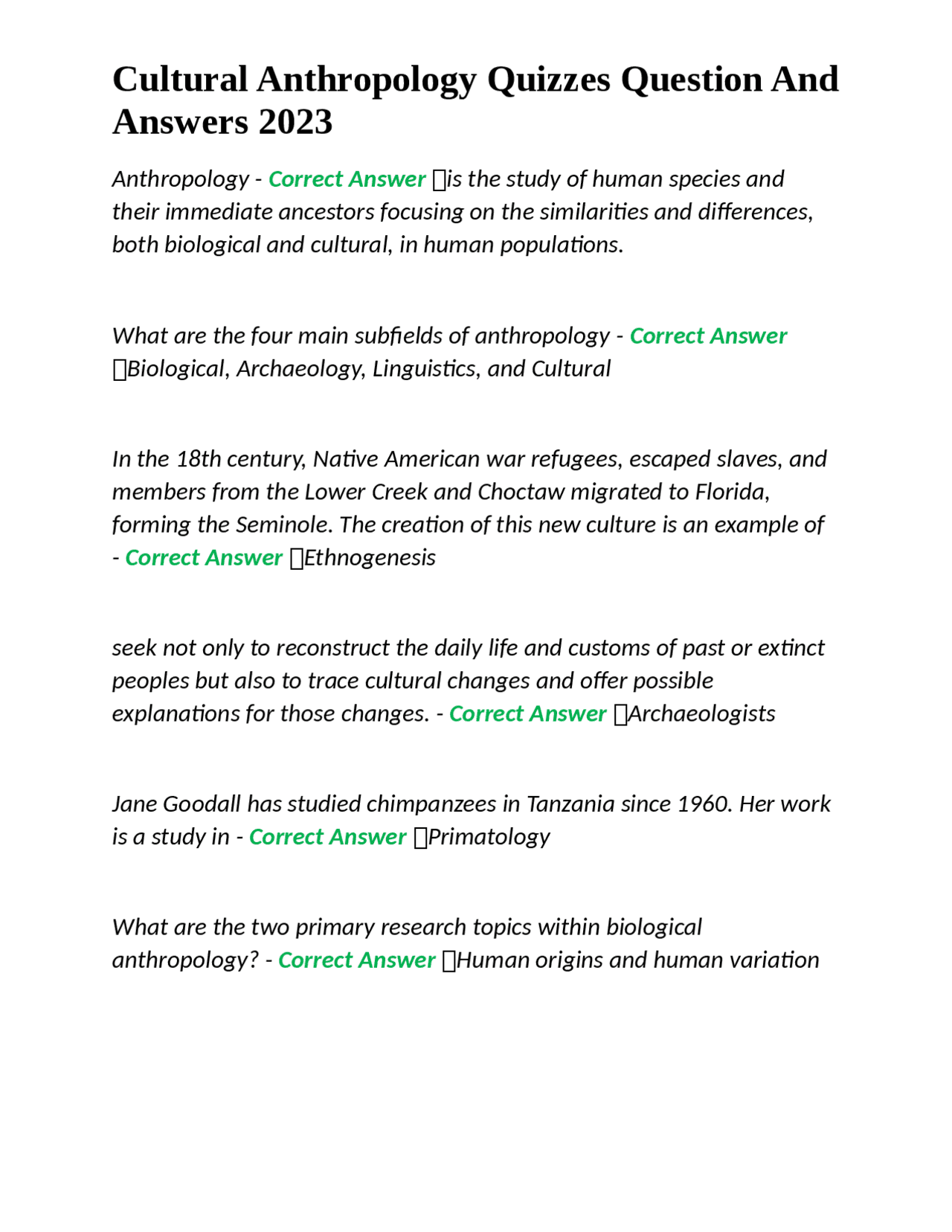 Cultural Anthropology Quizzes Question And Answers 2023 | Exams Nursing ...