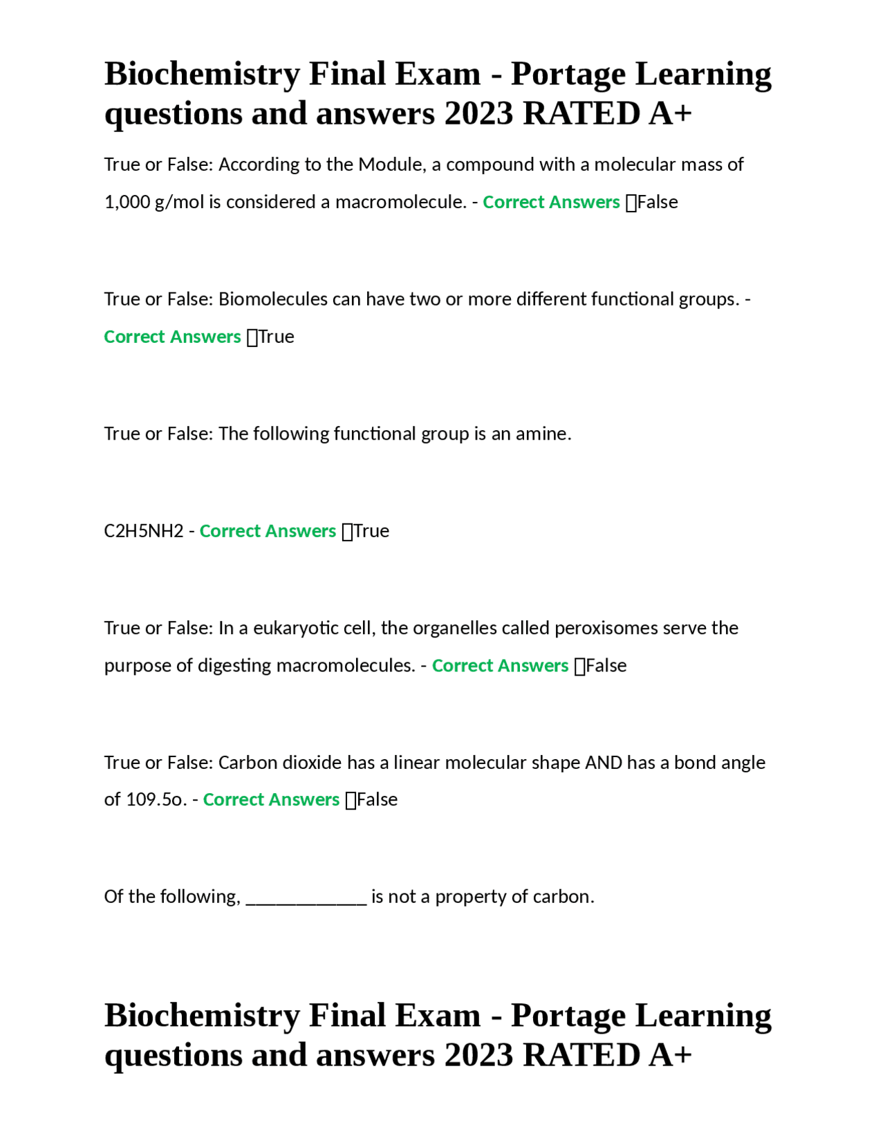 Biochemistry Final Exam - Portage Learning questions and answers 2023 ...