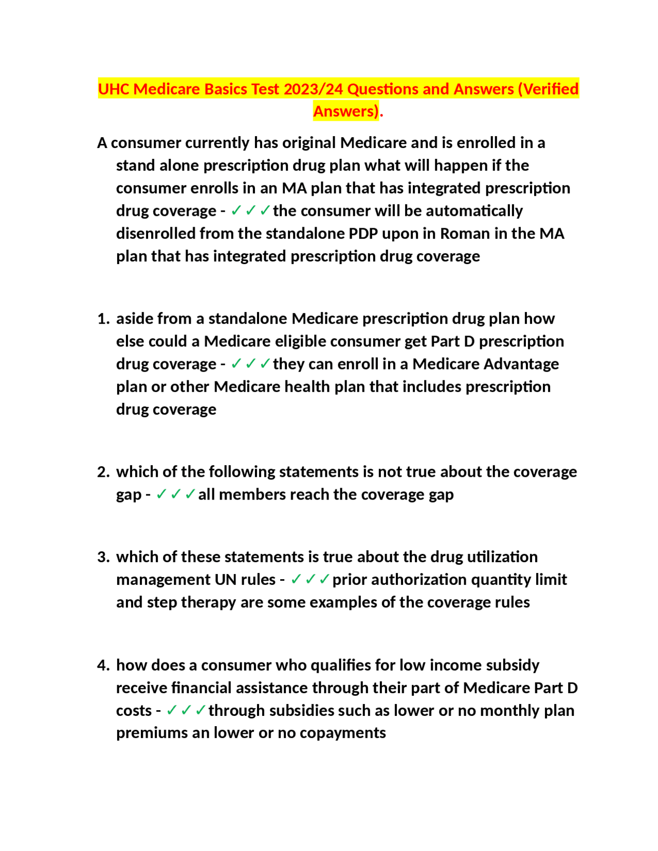 UHC Medicare Basics Test 2023/24 Questions and Answers (Verified ...