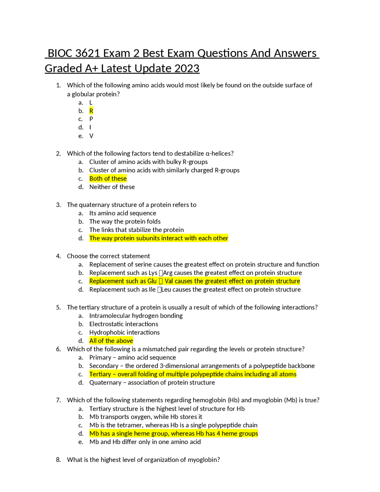 Bioc 3621 Exam 2 Best Exam Questions And Answers Graded A Latest