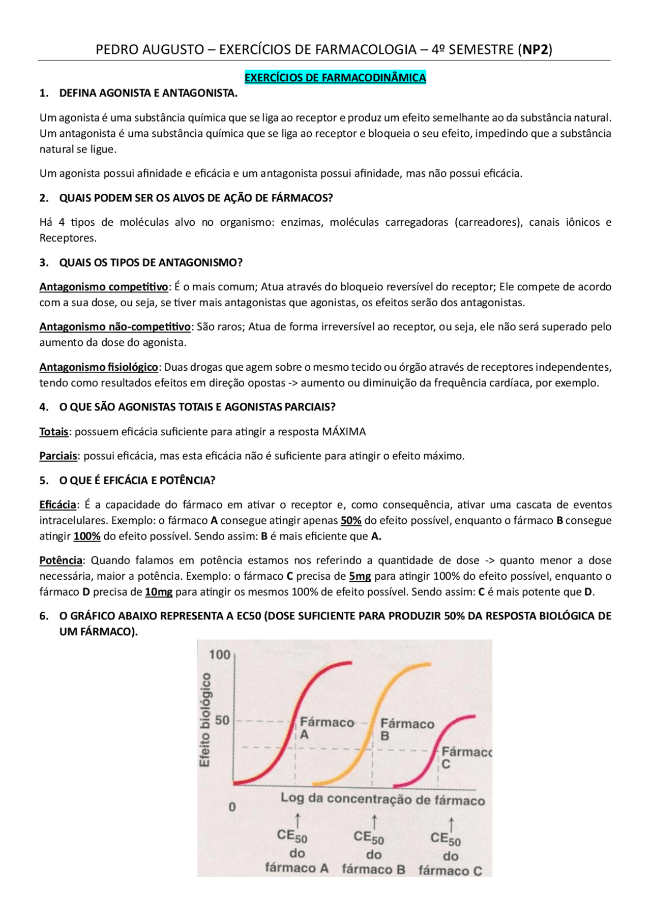 ExercÍcios De Farmacologia Exercícios Farmacologia Docsity
