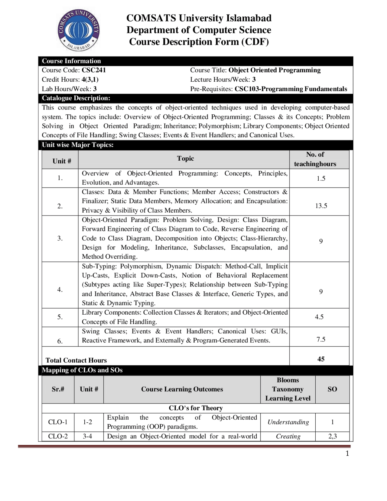 Object Oriented Programming Course Full Syllabusoop Subject Computer Science Syllabus Pdf
