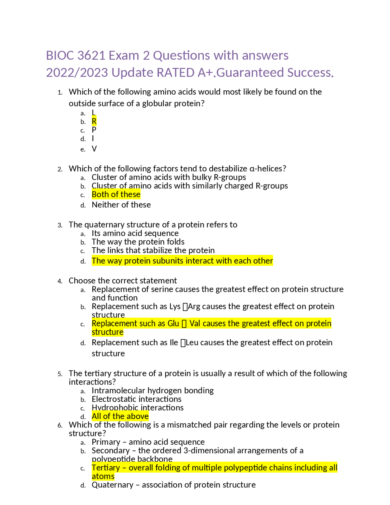 Bioc 3621 Exam 2 Questions With Answers 20222023 Update Rated A