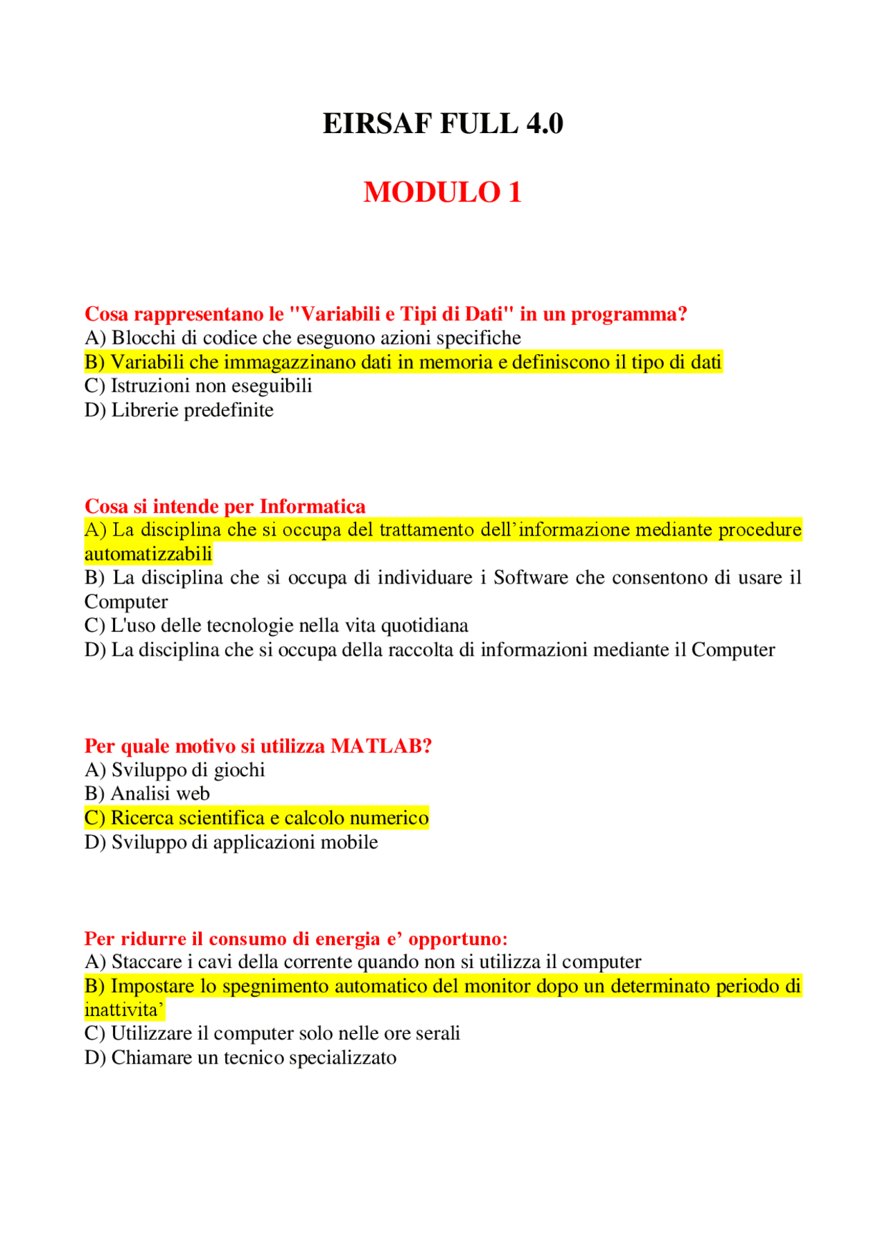 EIRSAF FULL 4.0 2023 NUOVA VERSIONE - MODULO 1 | Panieri di Reti informatiche | Docsity