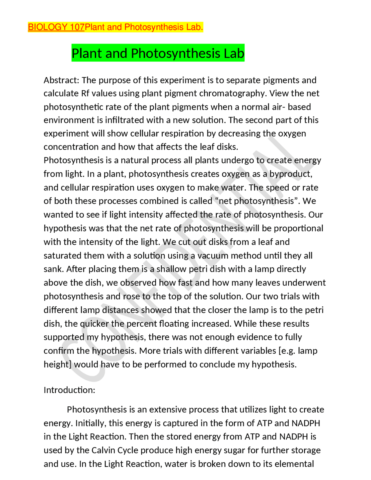Biology Photosynthesis Lab