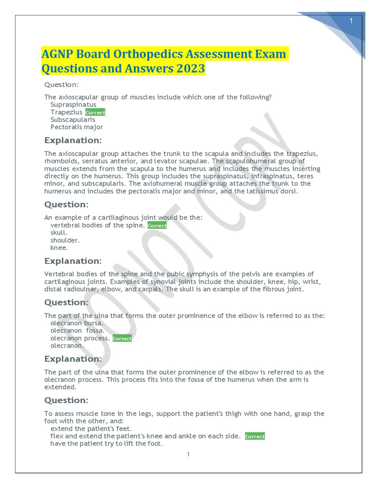 AGNP Board Orthopedics Assessment Exam Questions and Answers 2023 | Exams Nursing | Docsity