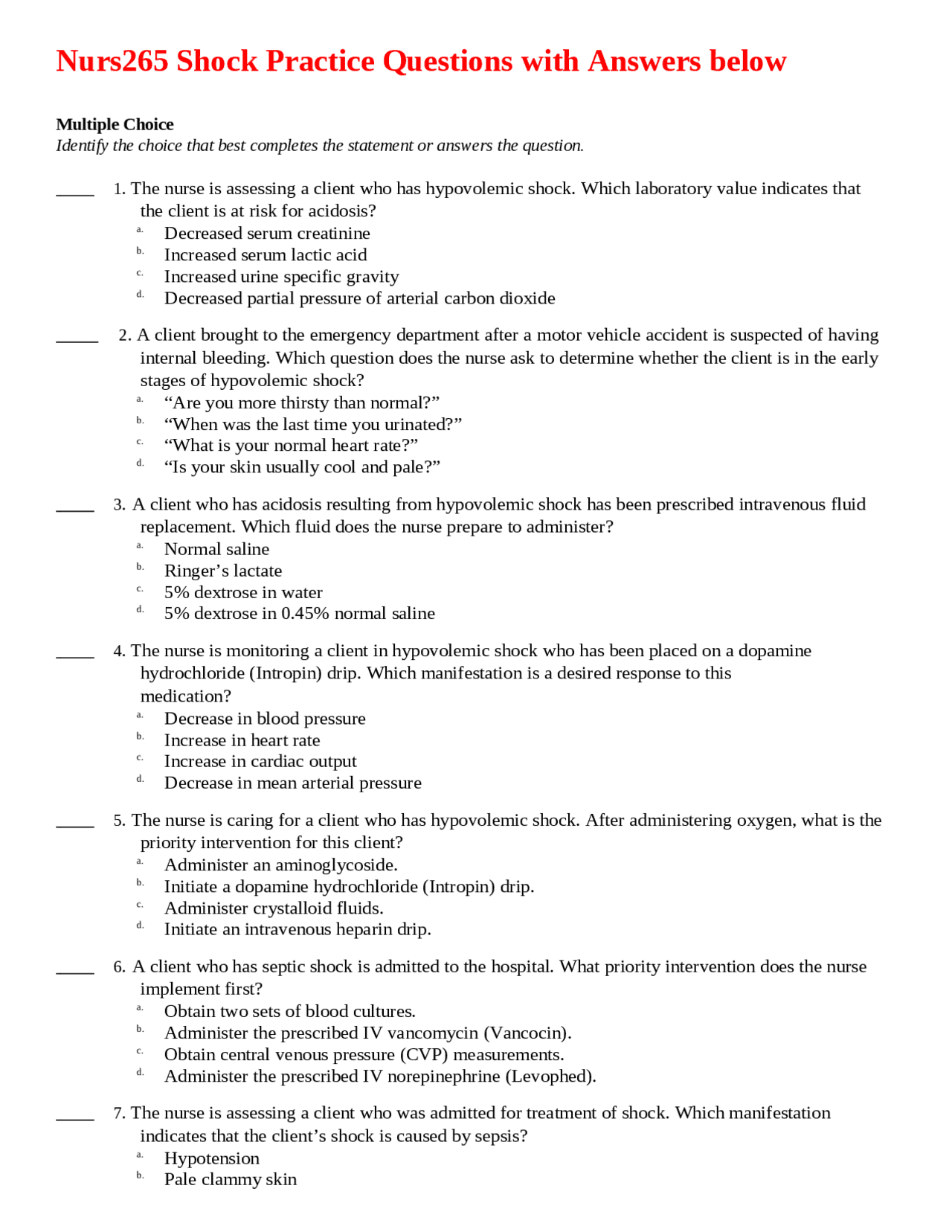 Nurs265 Shock Practice Questions with Answers below | Study Guides ...