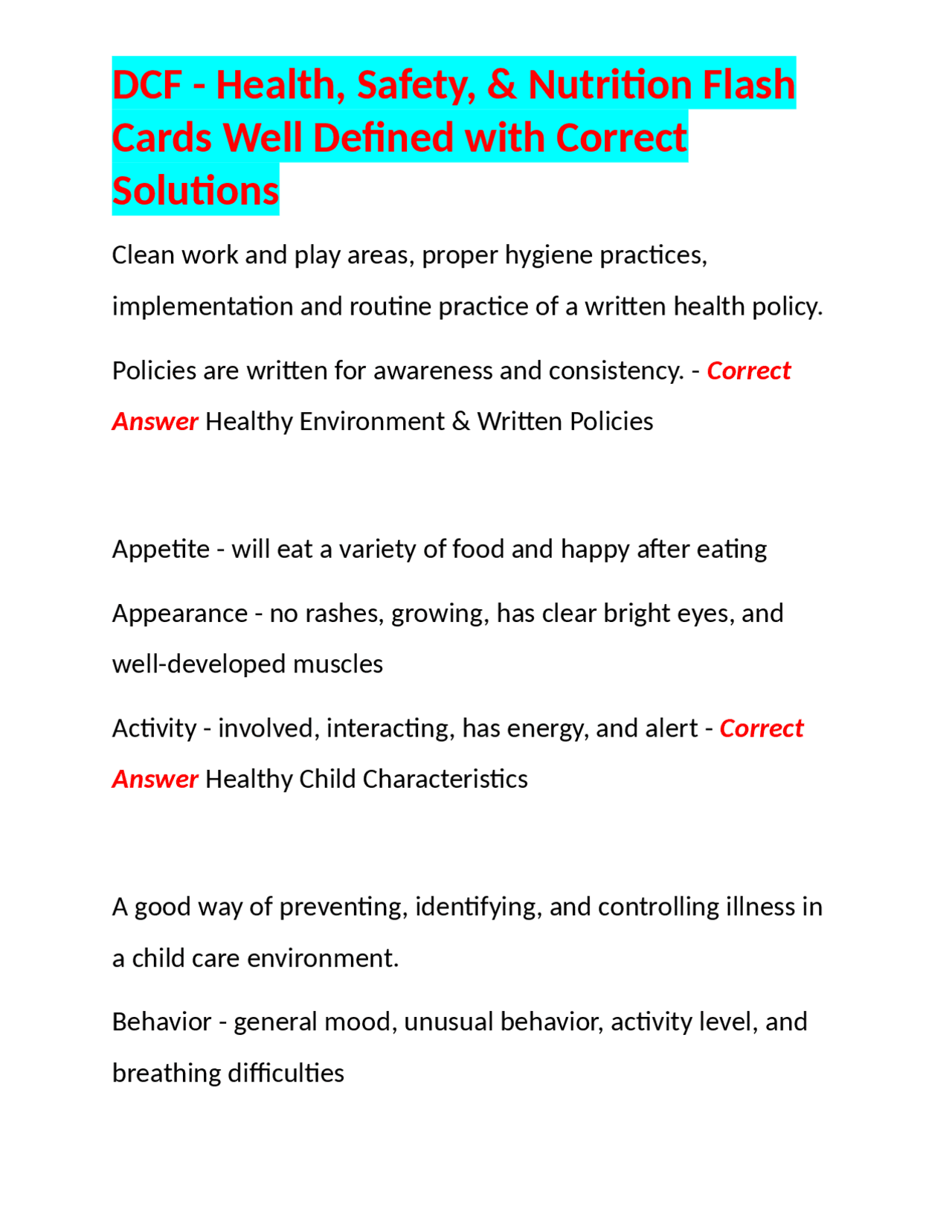 DCF - Health, Safety, & Nutrition Flash Cards Well Defined with Correct ...