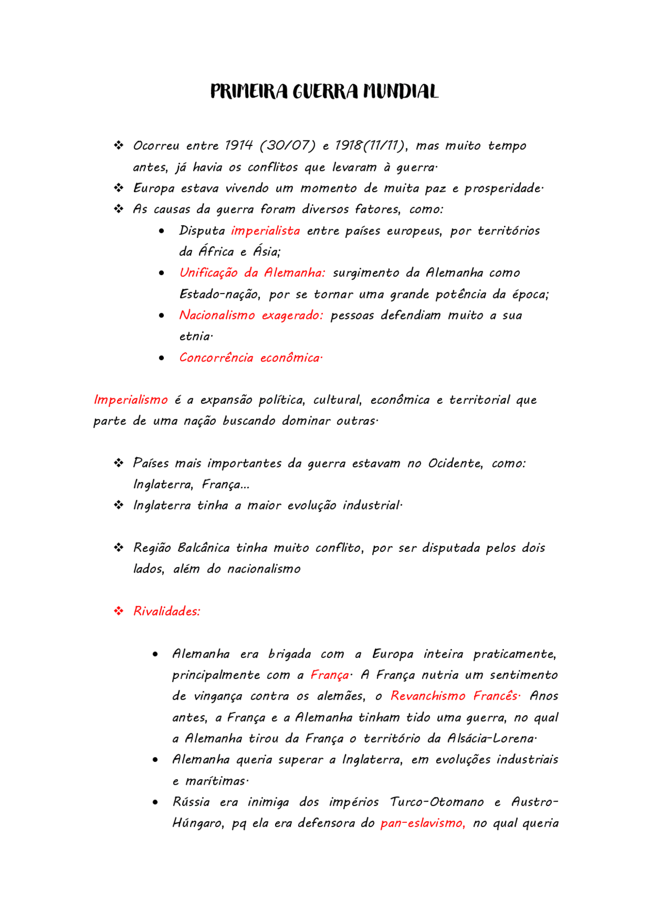 Primeira Guerra Mundial Resumos História Docsity