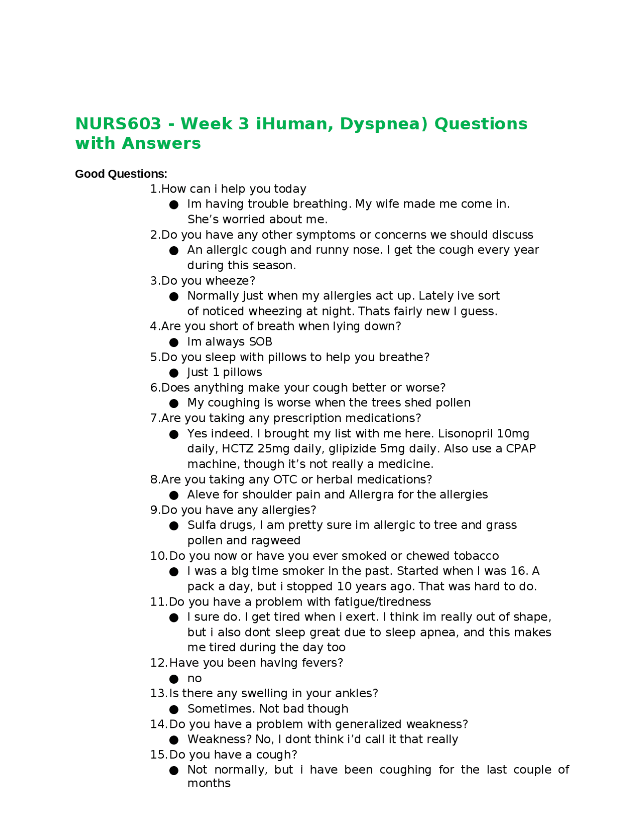 NURS603 - Week 3 iHuman, Dyspnea) Questions with Answers | Exams ...