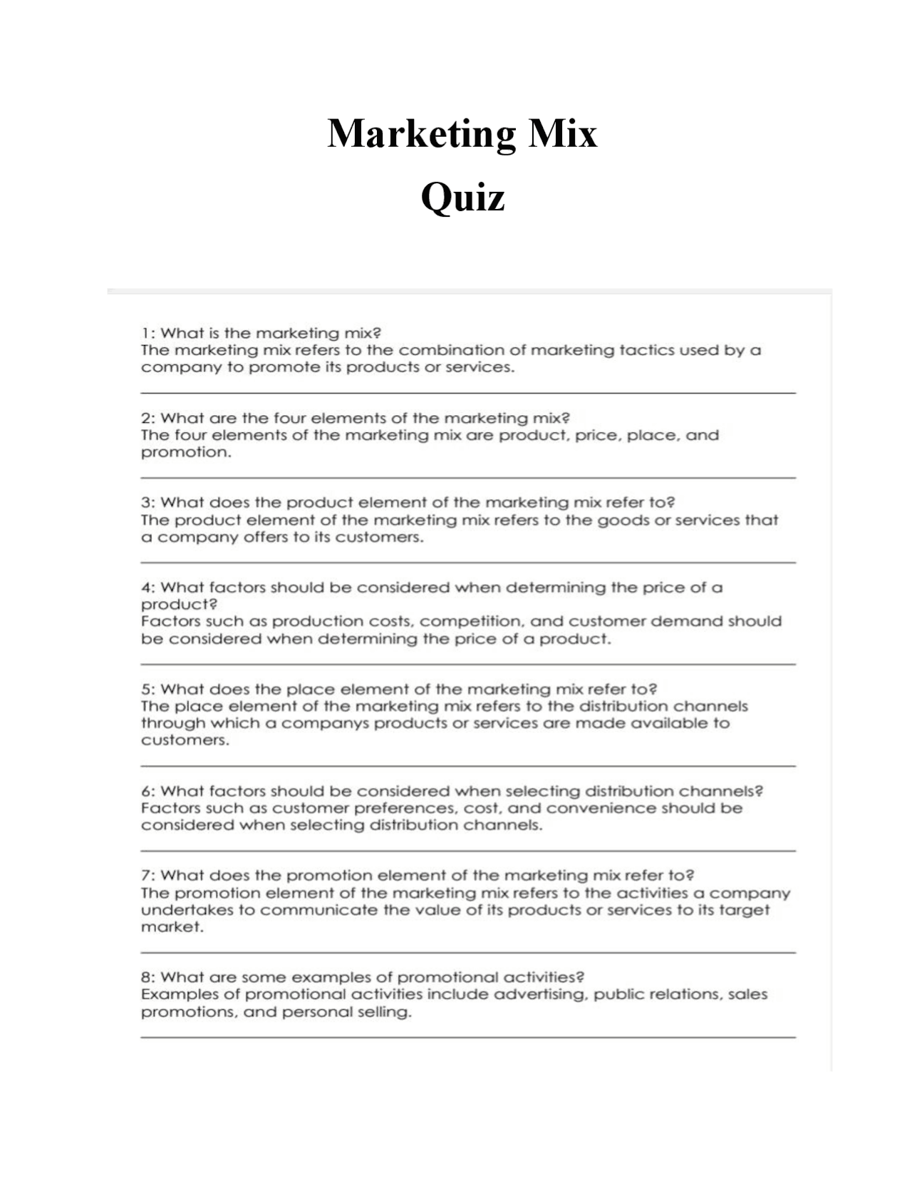 Marketing Mix Quiz | Quizzes Marketing | Docsity