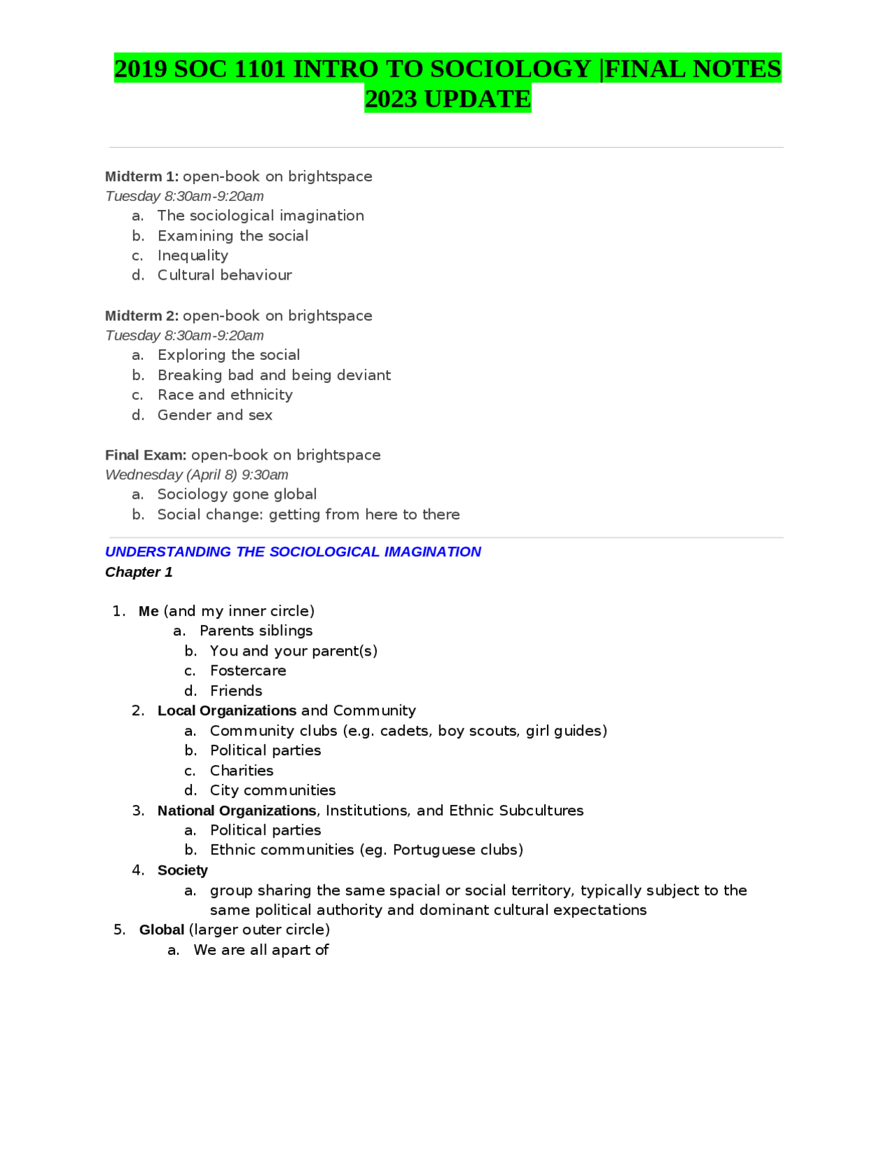 2019 Soc 1101 Intro To Sociology Final Notes 2023 Update Exams