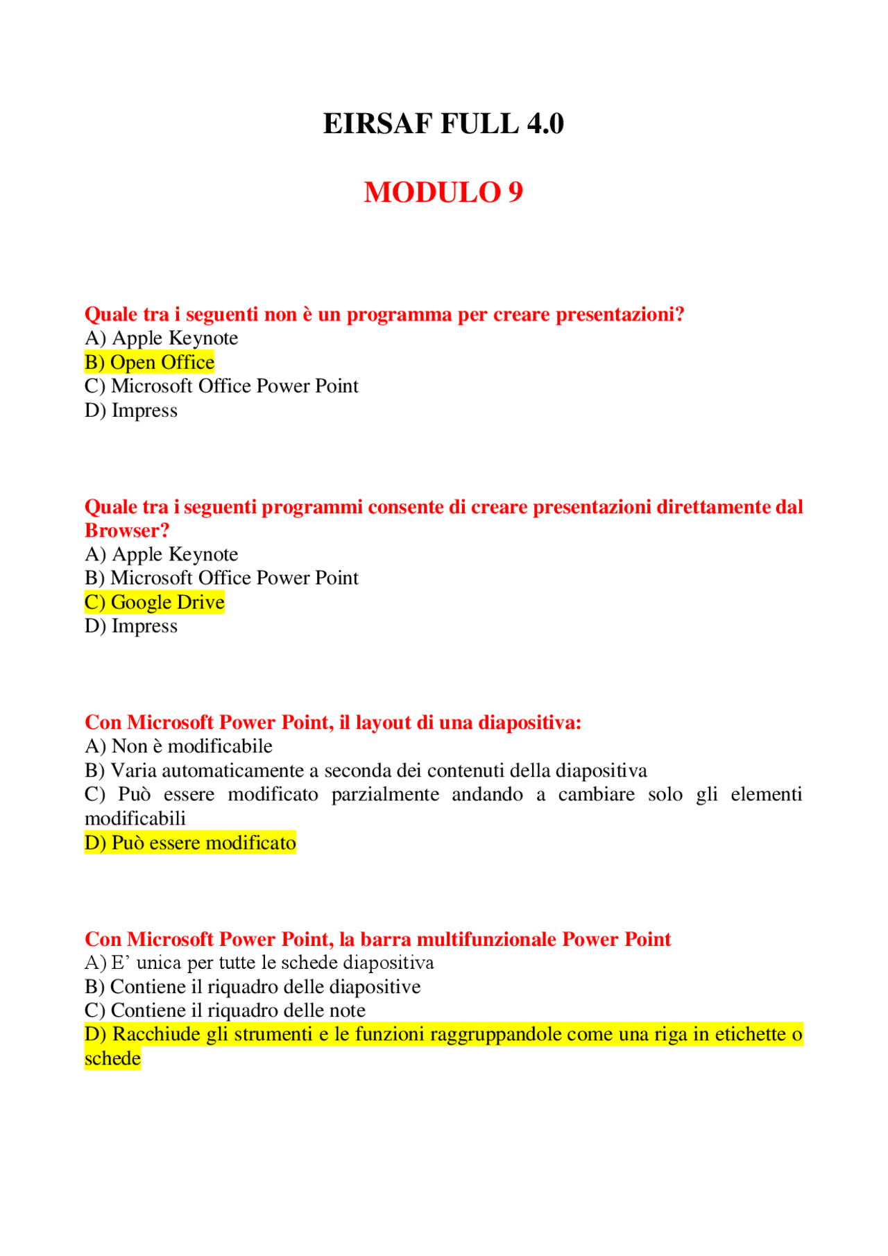 EIRSAF FULL 4.0 2023 NUOVA VERSIONE - MODULO 9 | Panieri di Reti informatiche | Docsity