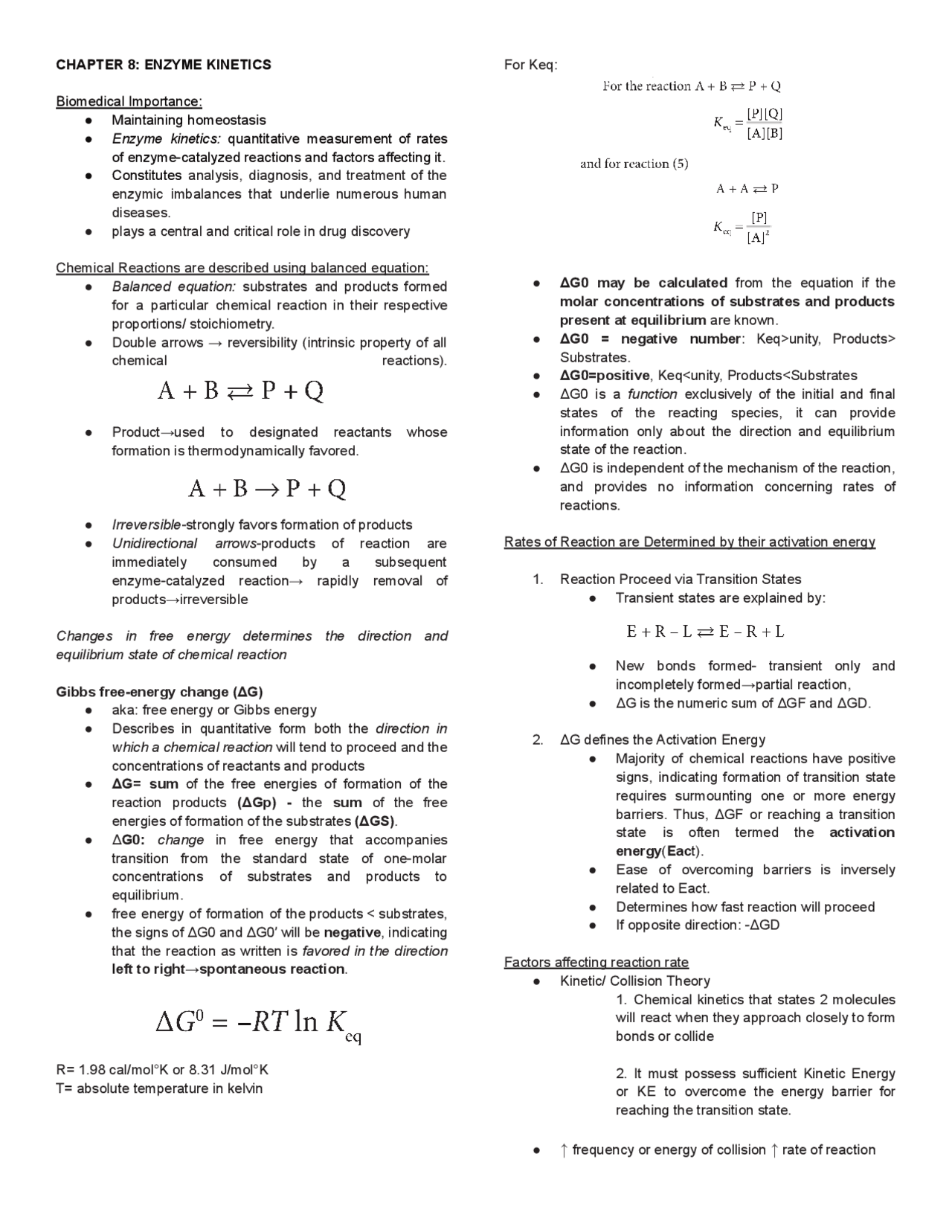 Chapter 8enzyme Kinetics Summaries Enzymes And Metabolism Docsity