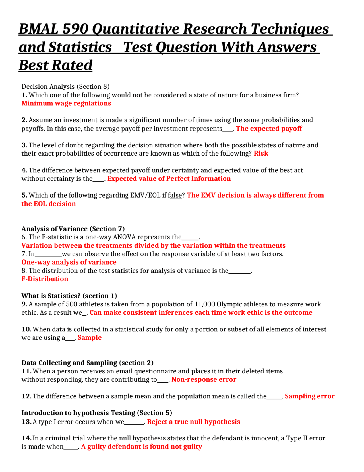 Bmal 590 Quantitative Research Techniques And Statistics Test Question