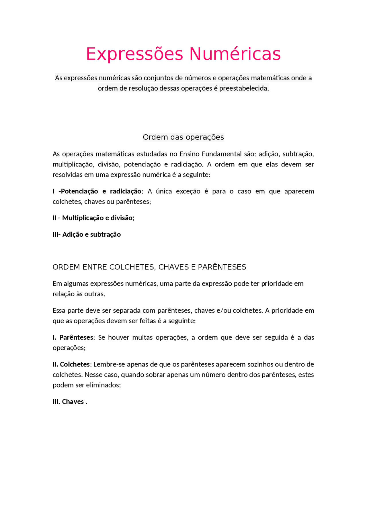 Expressões Numéricas Matemática Resumos Matemática Docsity