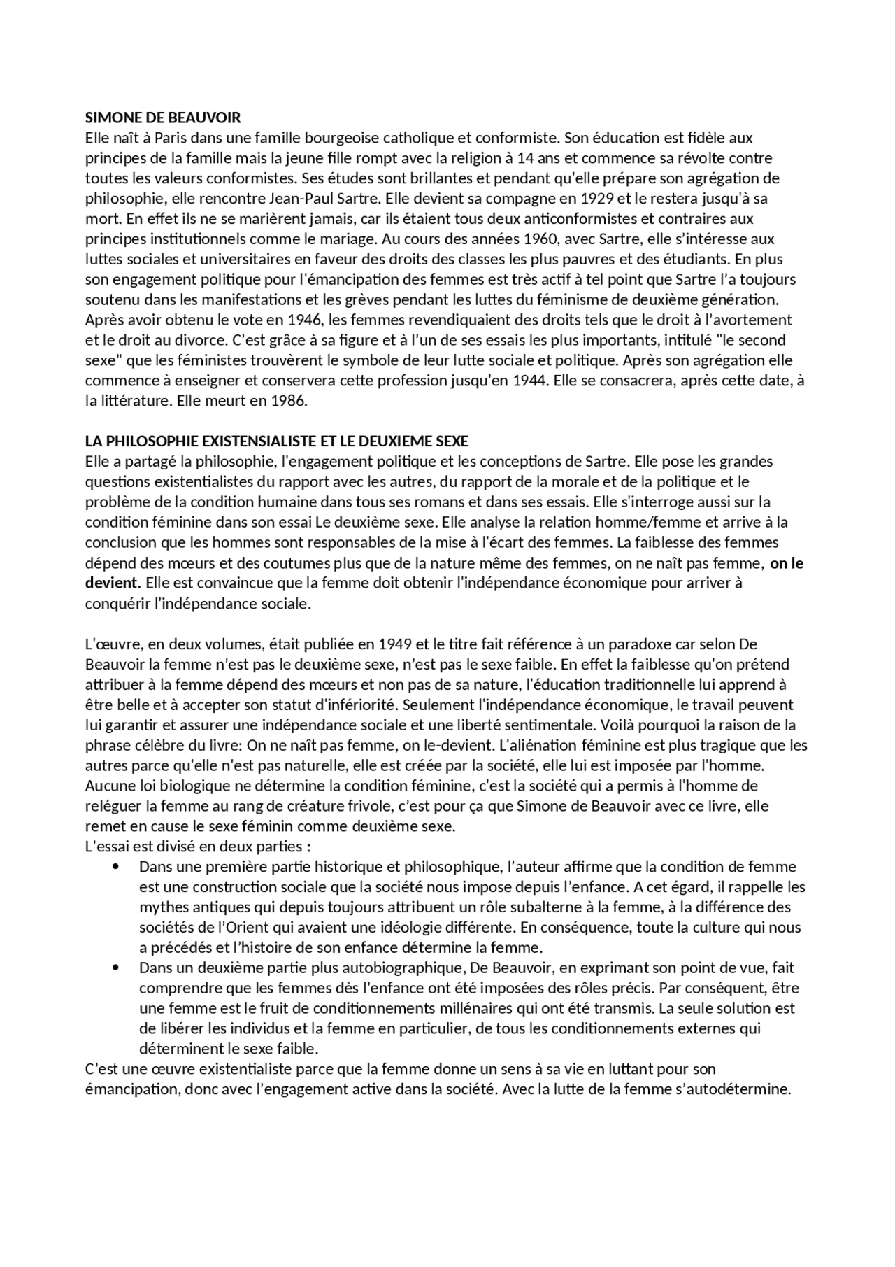Simone De Beauvoir Existentialisme Appunti Di Francese Docsity