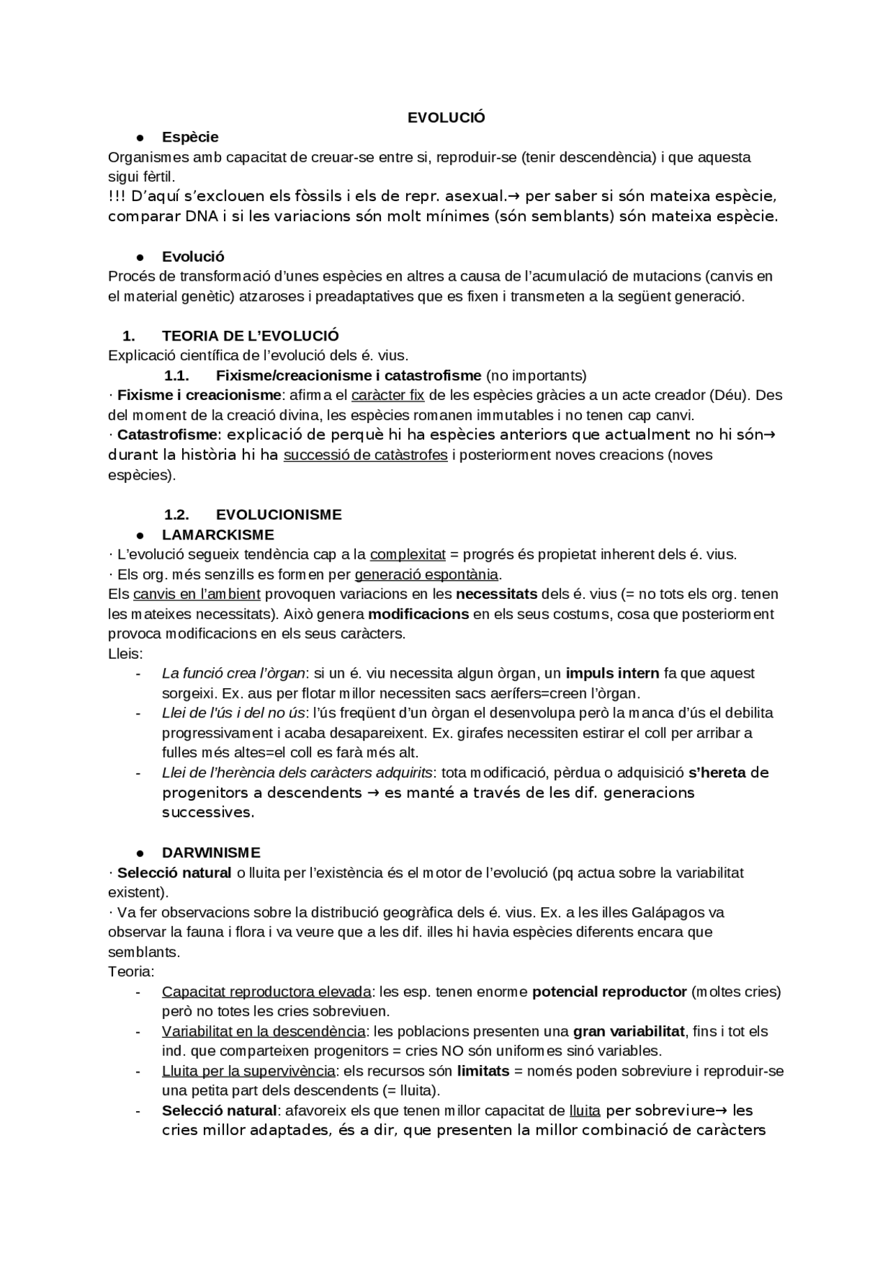 Evolució Selectivitat Apuntes De Biología Docsity
