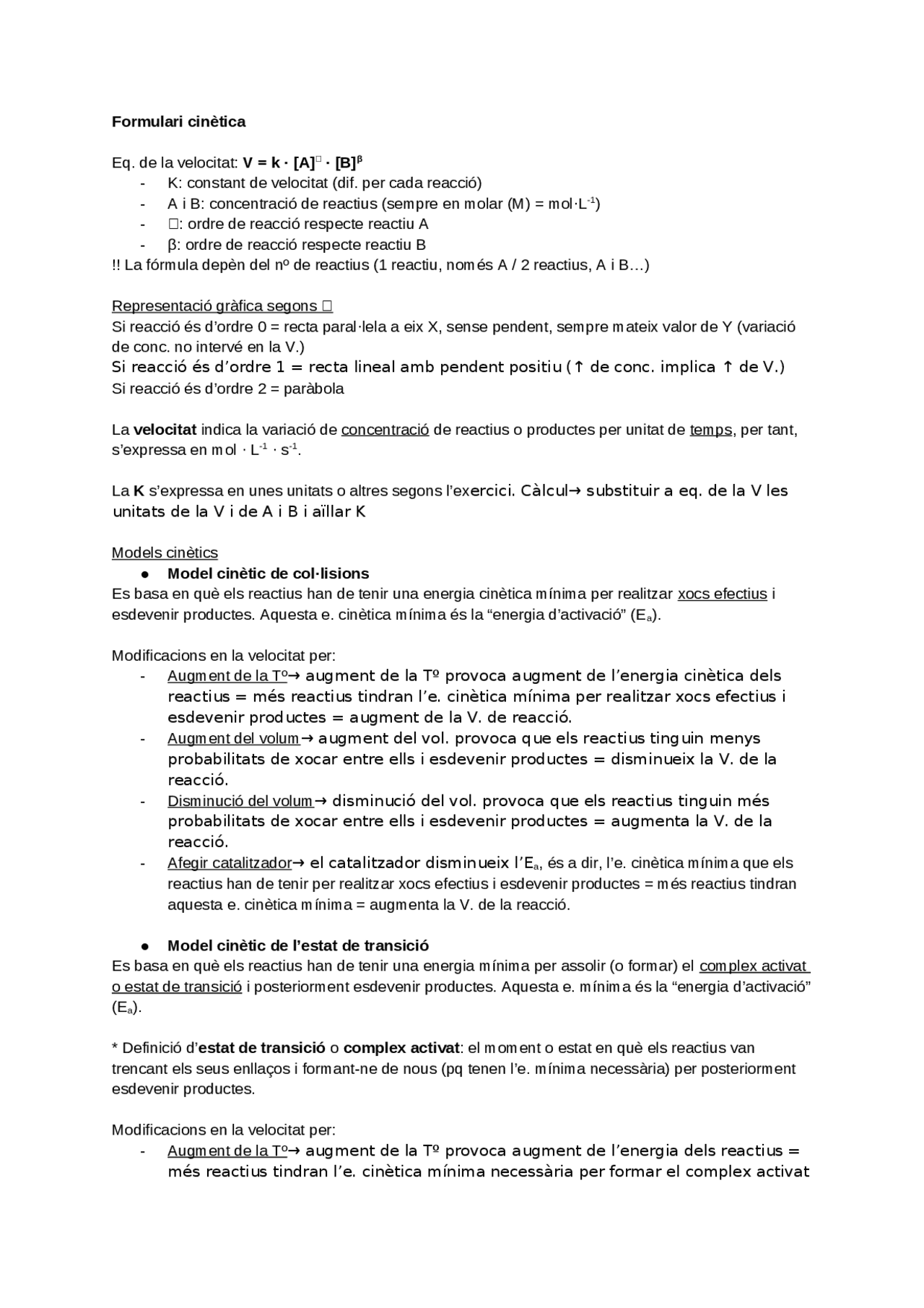 Formulari Cinètica Selectivitat Apuntes De Química Docsity