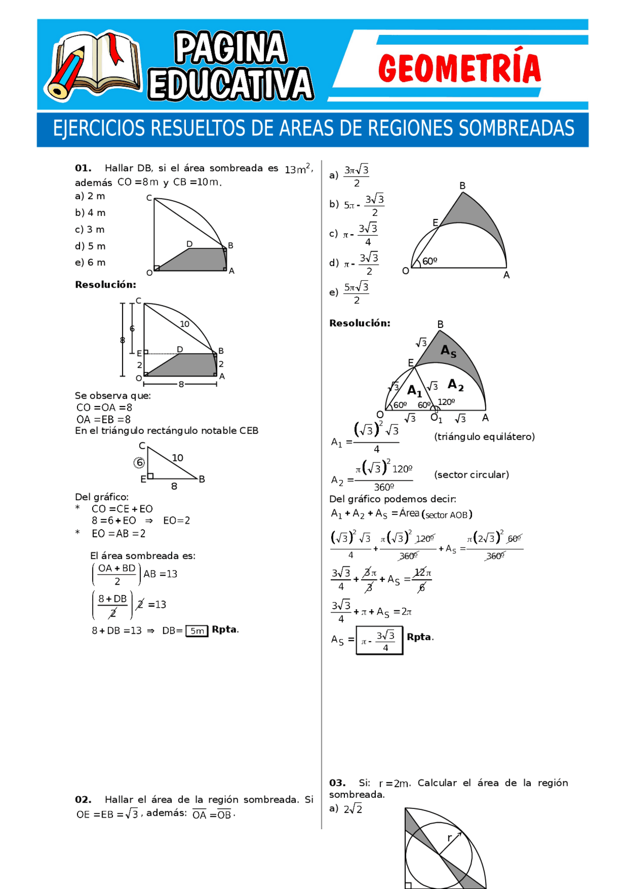 Cálculo de áreas de regiones sombreadas en figuras geométricas ...
