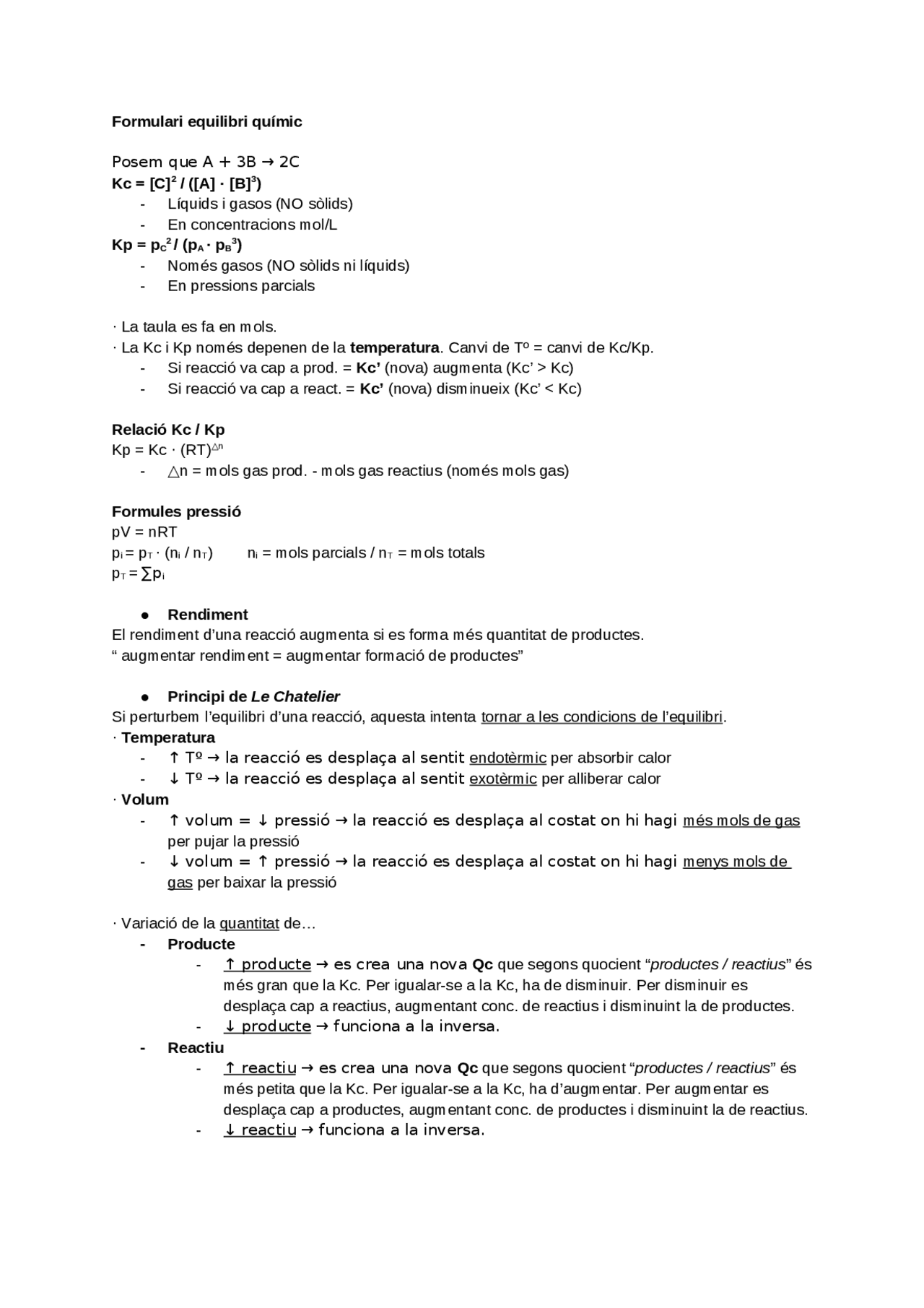 Formulari Equilibri Químic Apuntes De Química Docsity