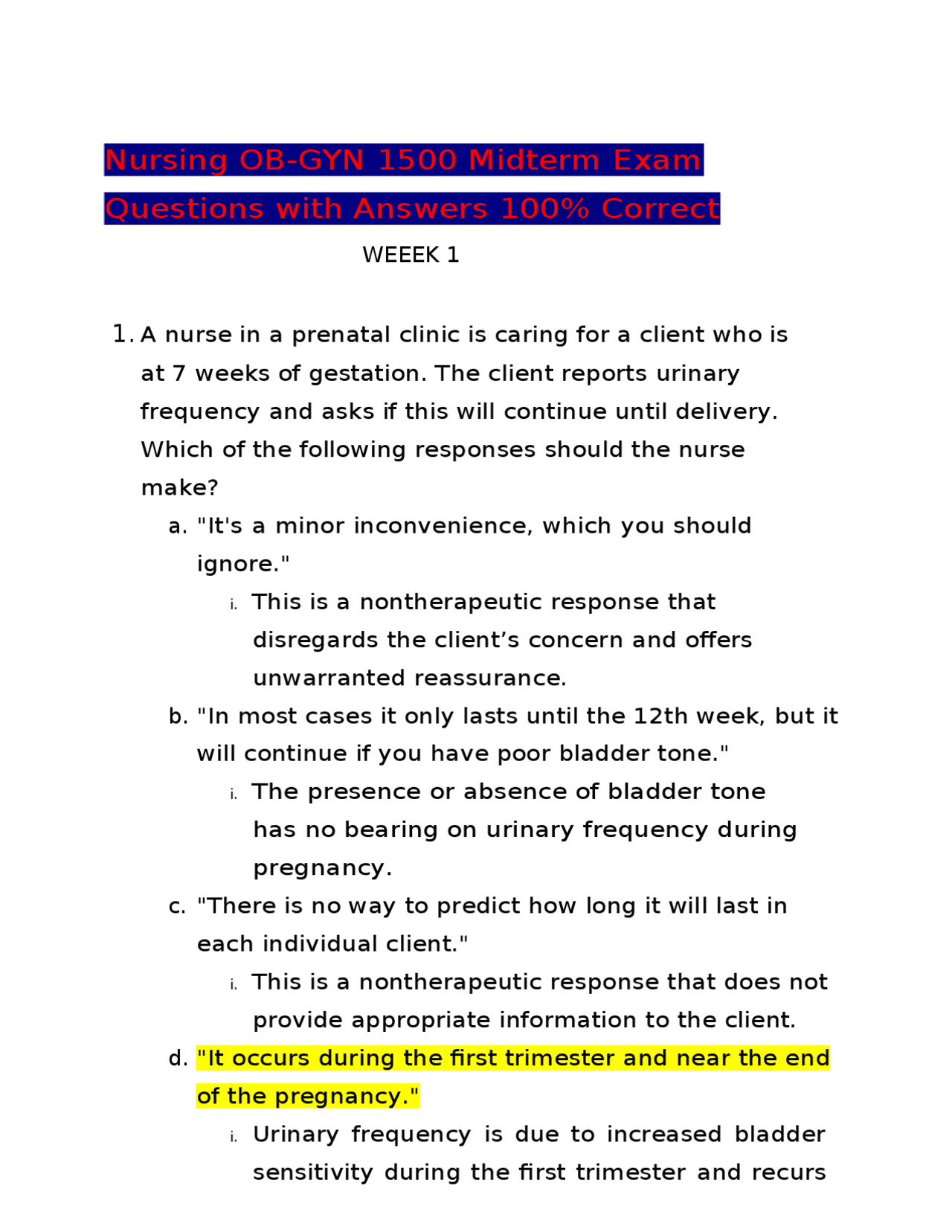 Nursing OB-GYN 1500 Midterm Exam Questions with Answers 100% Correct | Exams Nursing | Docsity