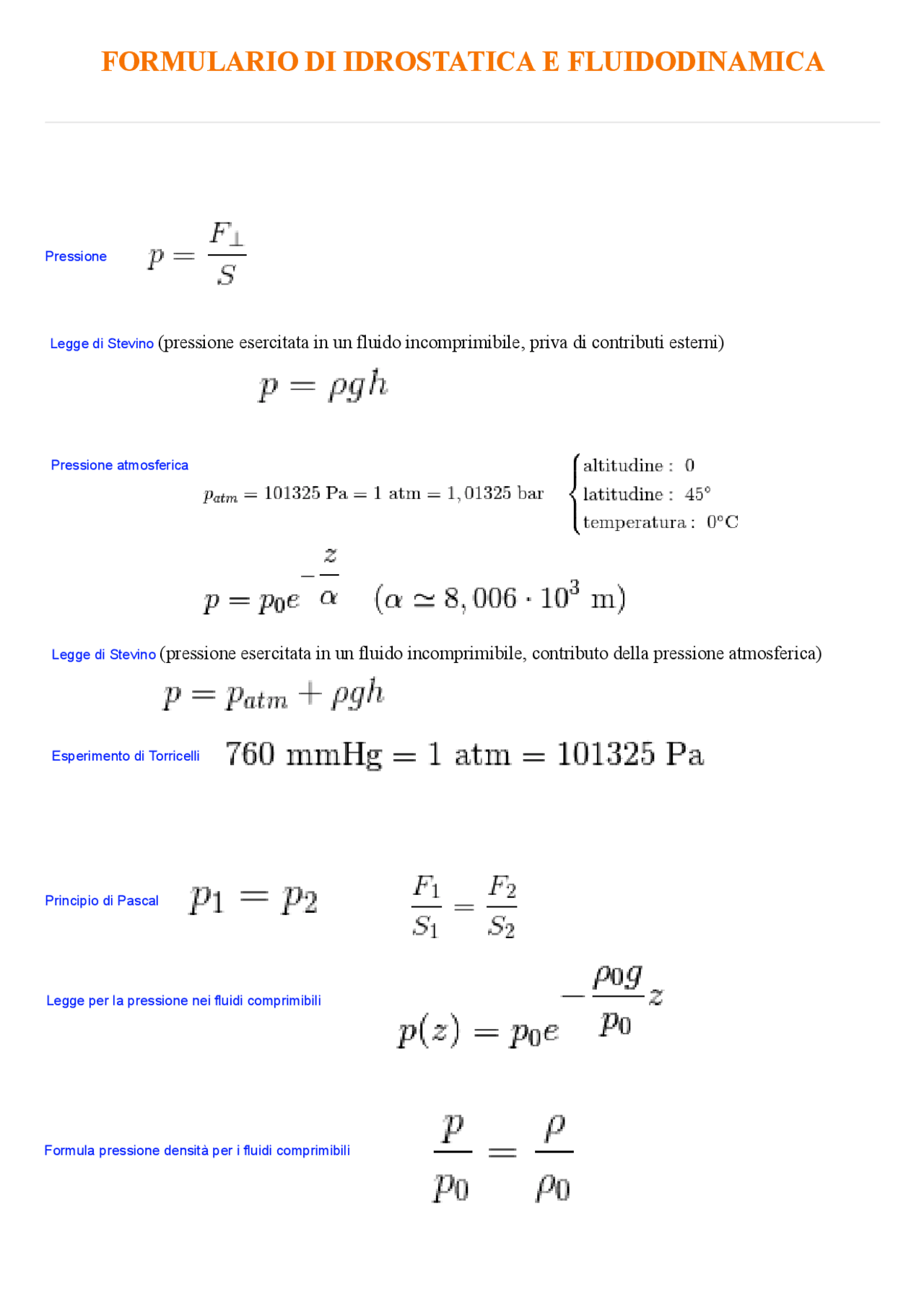 Formule idrostatica e fluidodinamica | Schemi e mappe concettuali di Idrostatica | Docsity