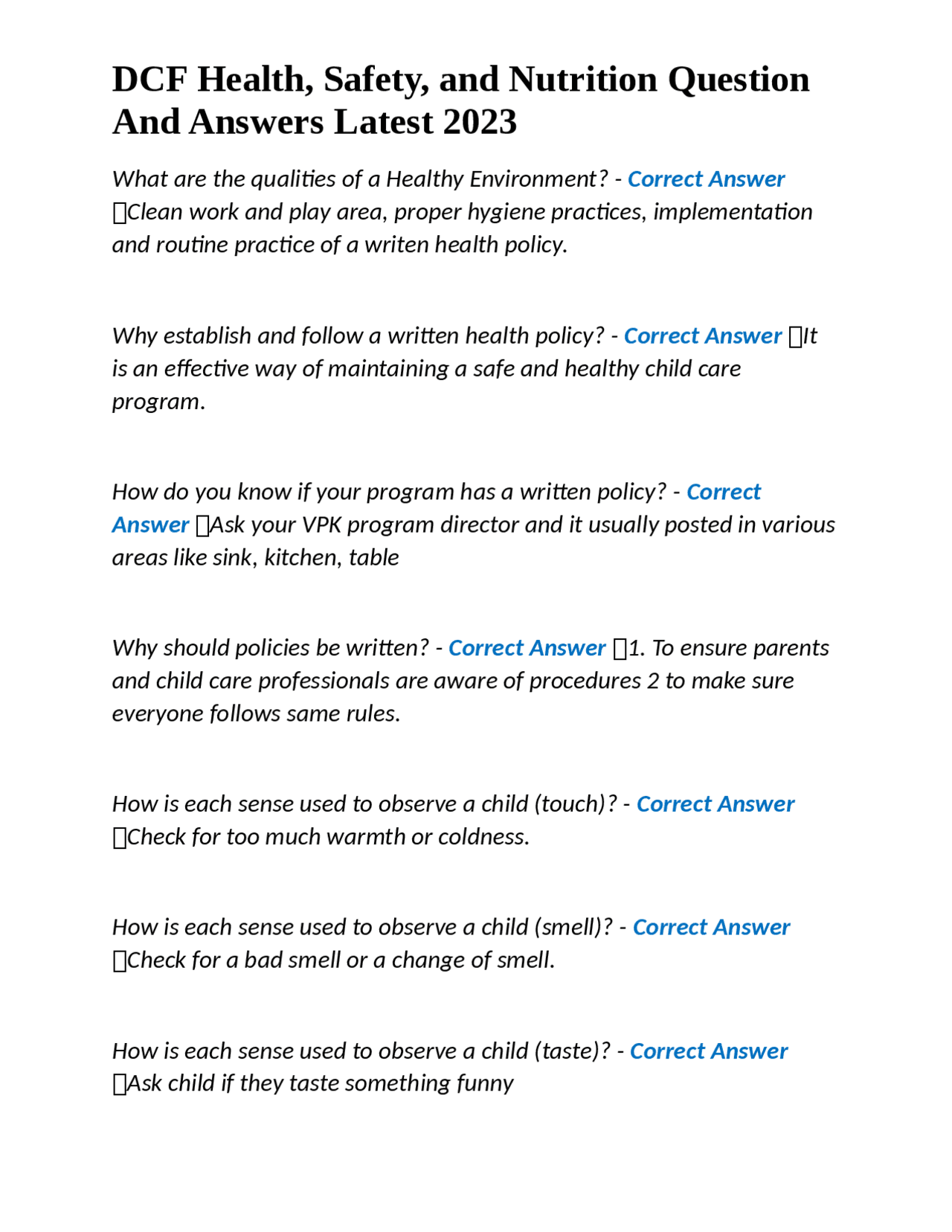 DCF Health, Safety, and Nutrition Question And Answers Latest 2023 ...
