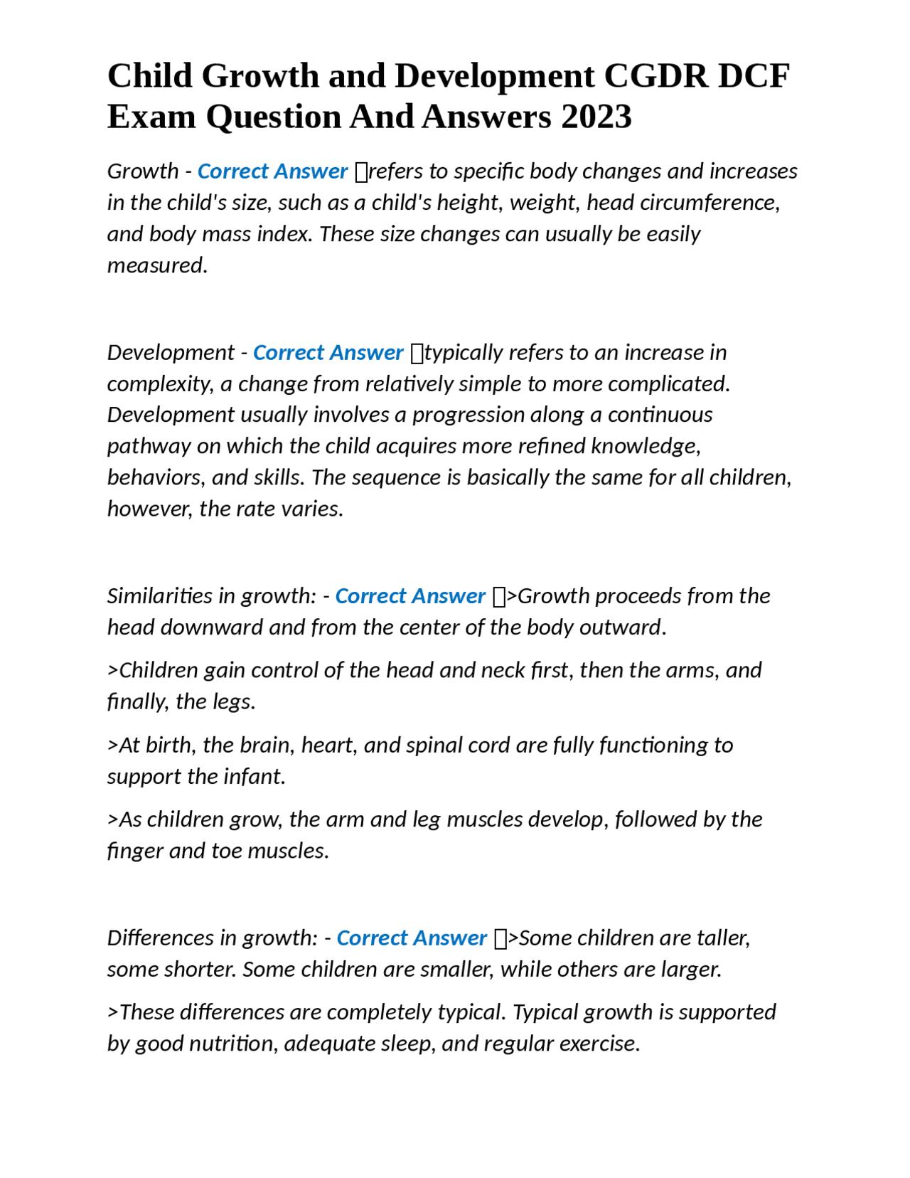 Child Growth and Development CGDR DCF Exam Question And Answers 2023 ...
