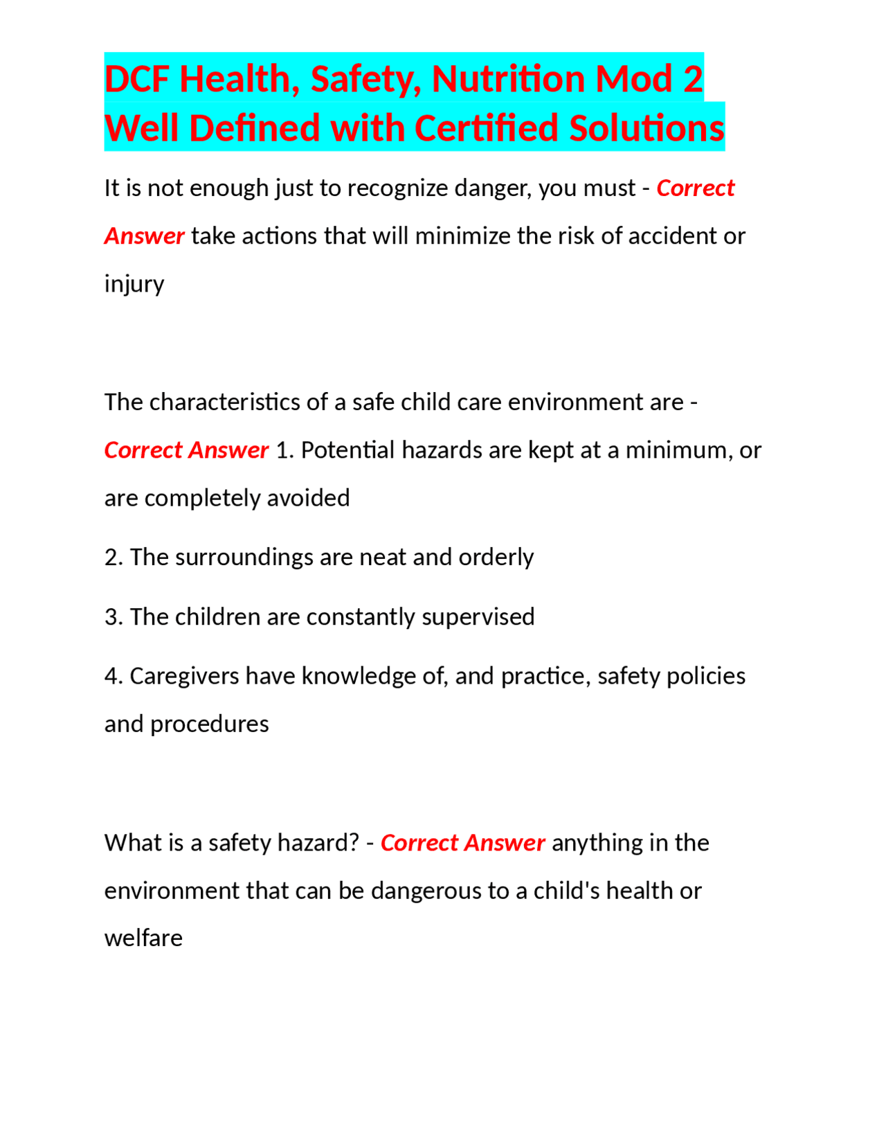 DCF Health, Safety, Nutrition Mod 2 Well Defined with Certified ...