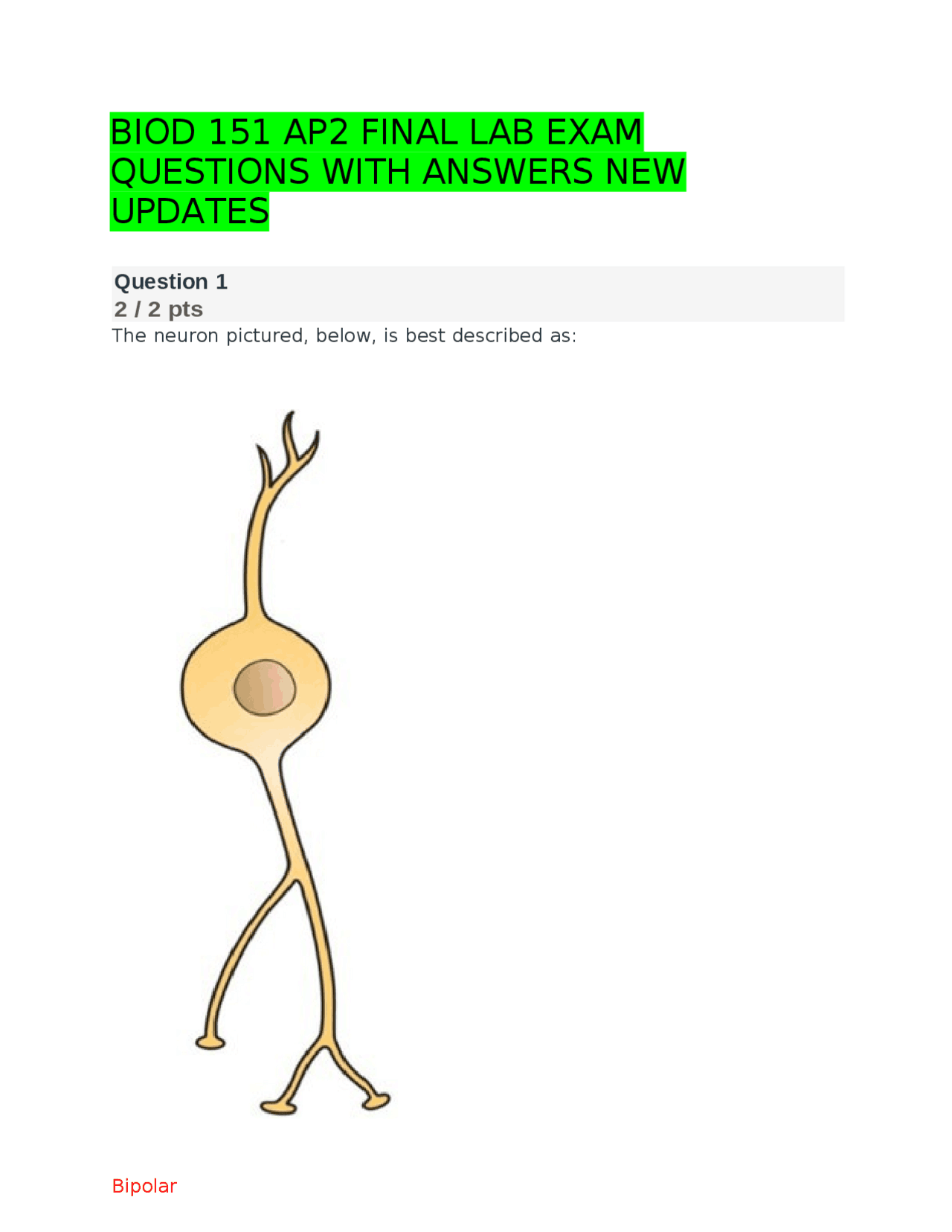 BIOD 151 AP2 FINAL LAB EXAM QUESTIONS WITH ANSWERS NEW UPDATES | Exams ...