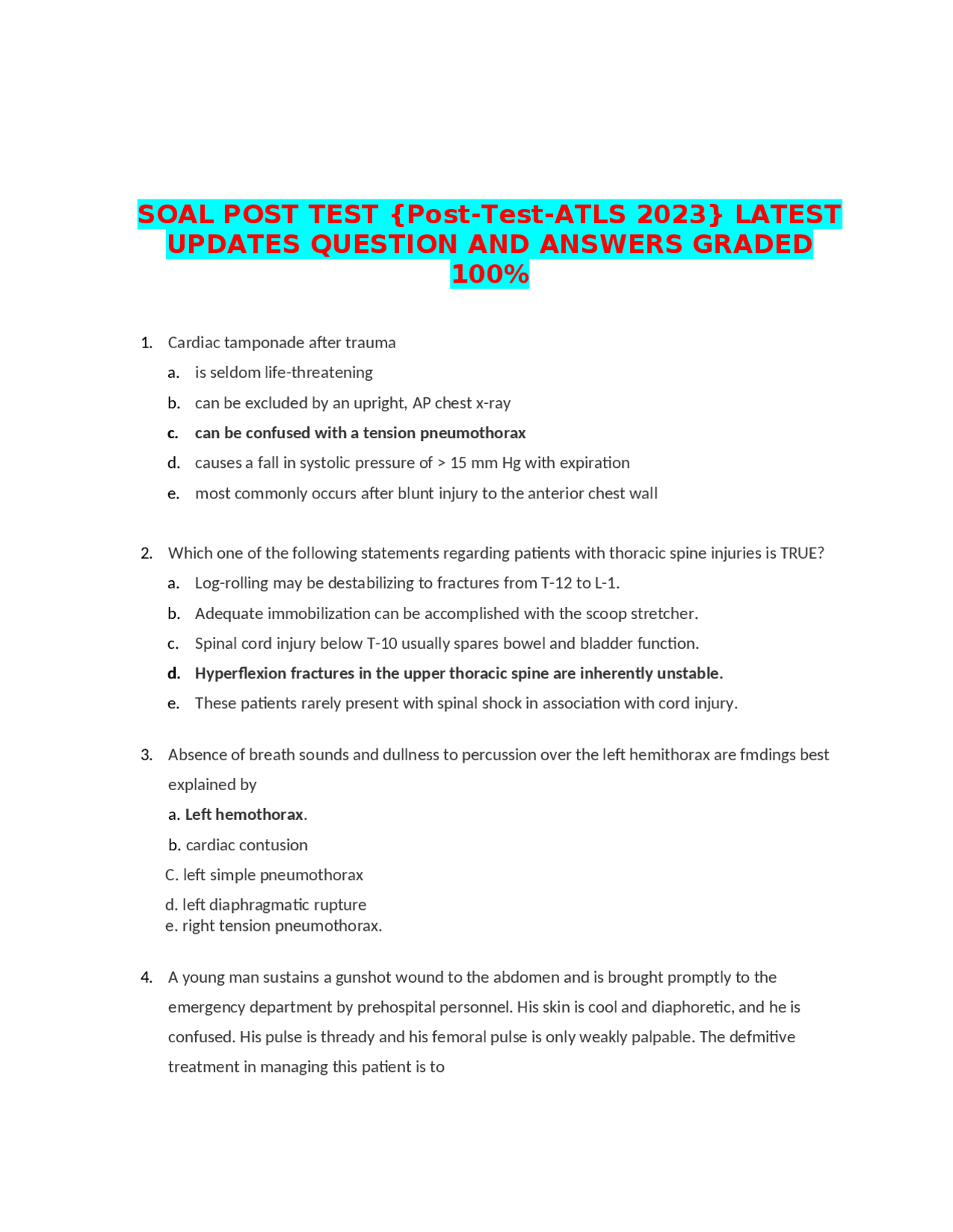 SOAL POST TEST {Post-Test-ATLS 2023} LATEST UPDATES QUESTION AND ...