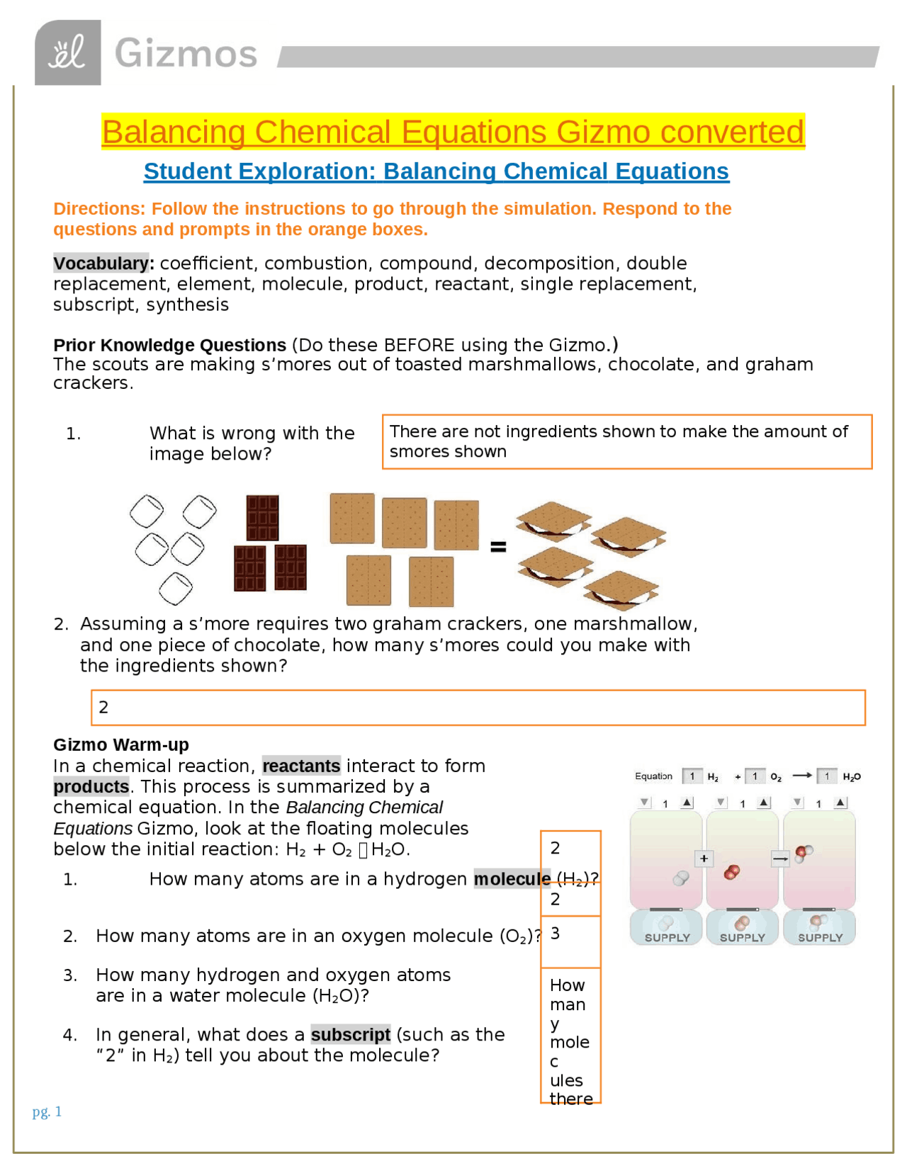 Balancing Chemical Equations Gizmo converted | Exams Differential ...