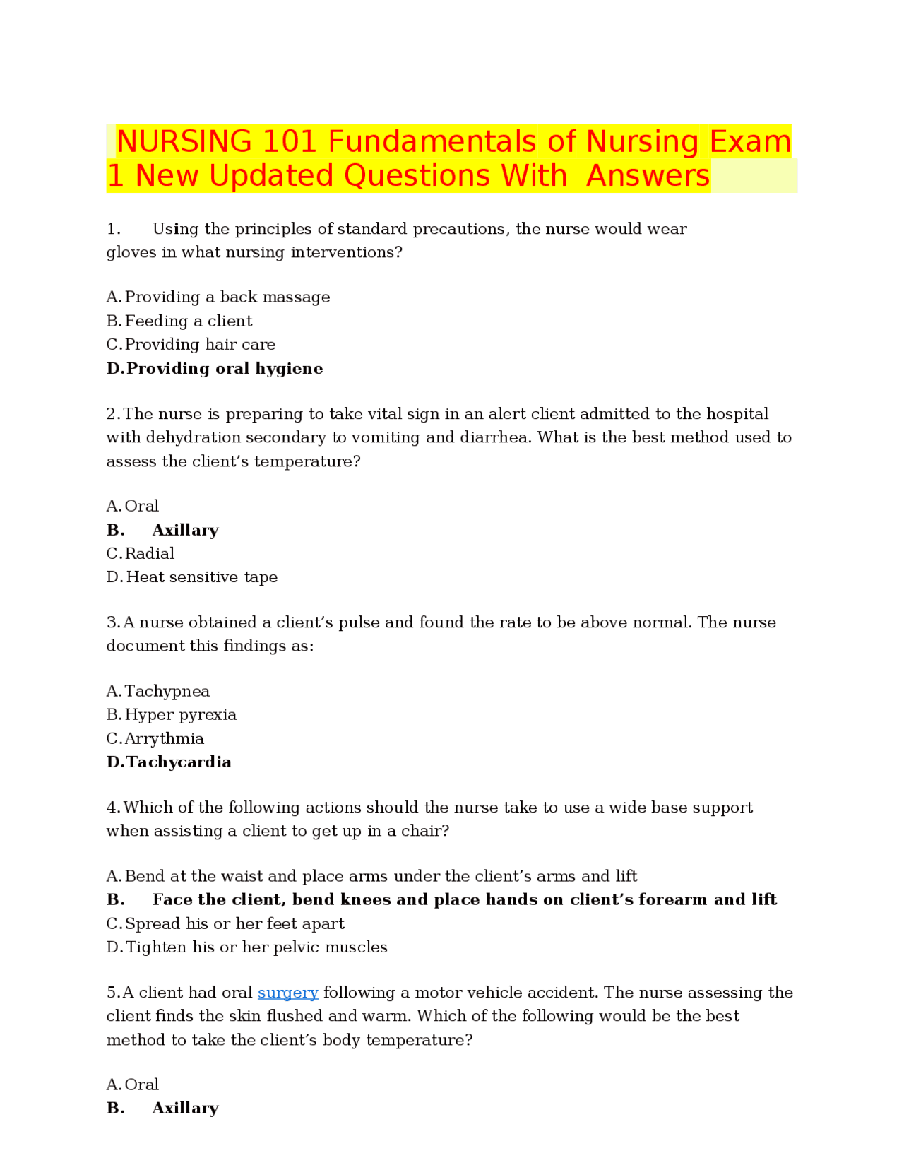 NURSING 101 Fundamentals of Nursing Exam 1 New Updated Questions With ...