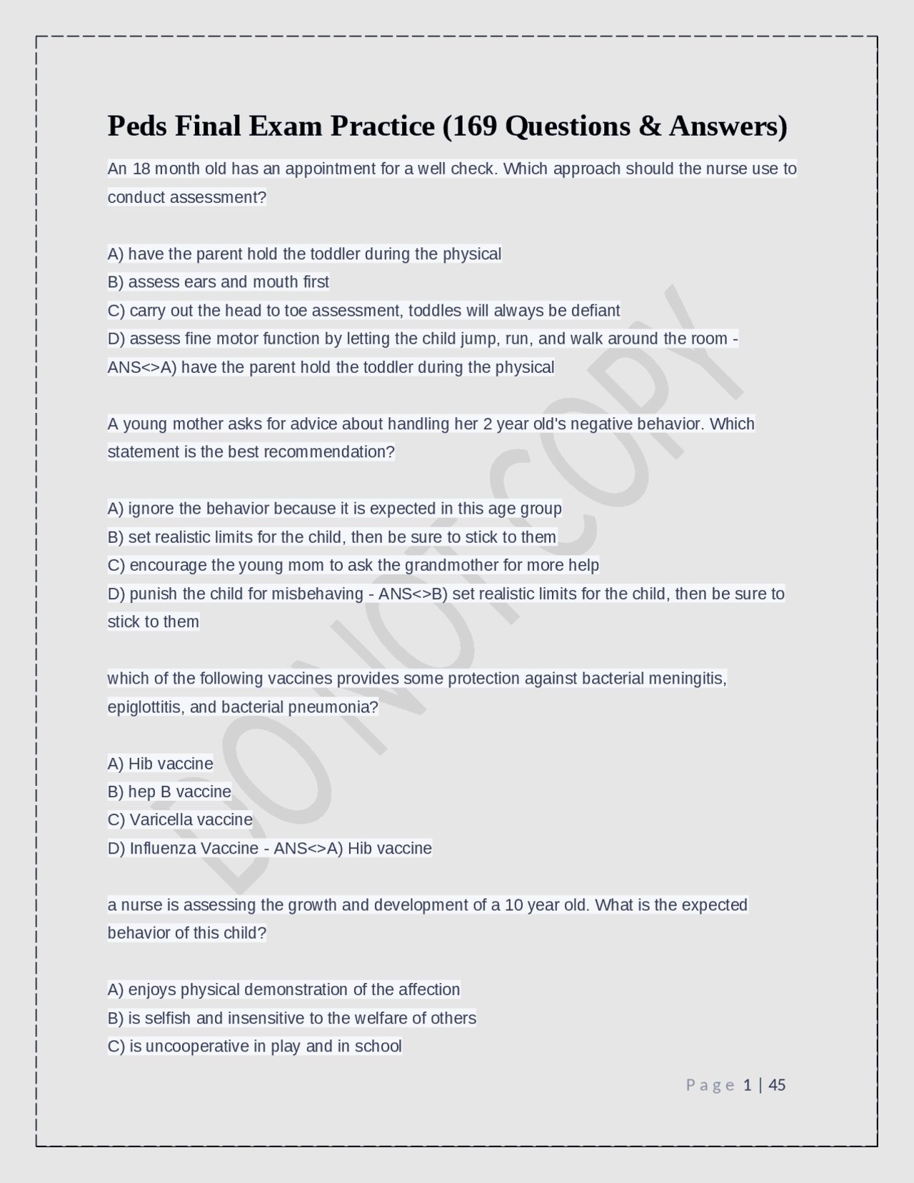 Peds Final Exam Practice (169 Questions & Answers) | Exams Company ...