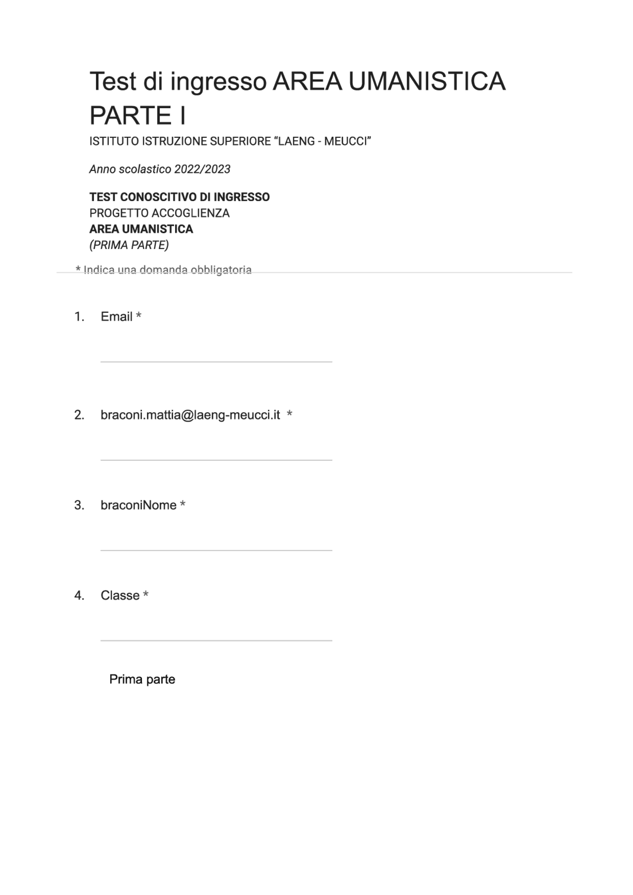 test ingresso Italiano | Esercizi di Italiano | Docsity