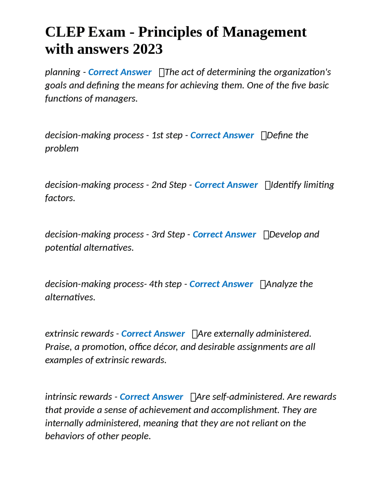 CLEP Exam - Principles of Management with answers 2023 | Exams Nursing ...