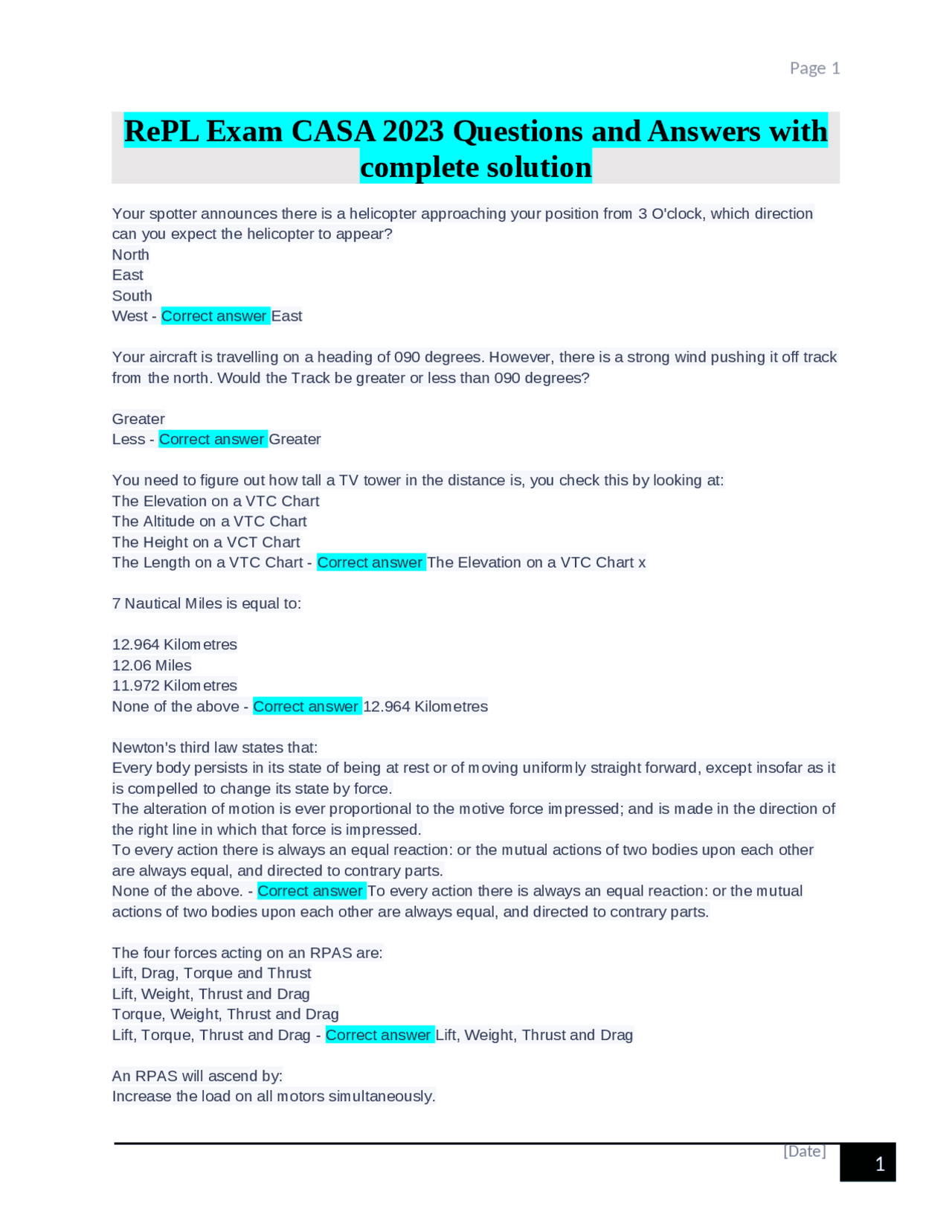 RePL Exam CASA 2023 Questions and Answers with complete solution ...